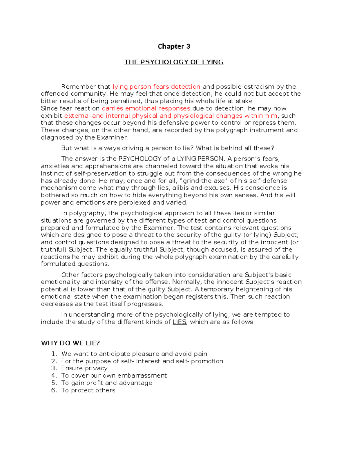 Specialized Chapter-3-4 - Chapter 3 THE PSYCHOLOGY OF LYING Remember ...