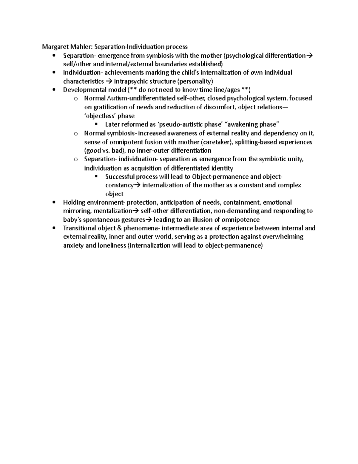 Lecture notes 3:7 - Margaret Mahler: Separation-Individuation process ...