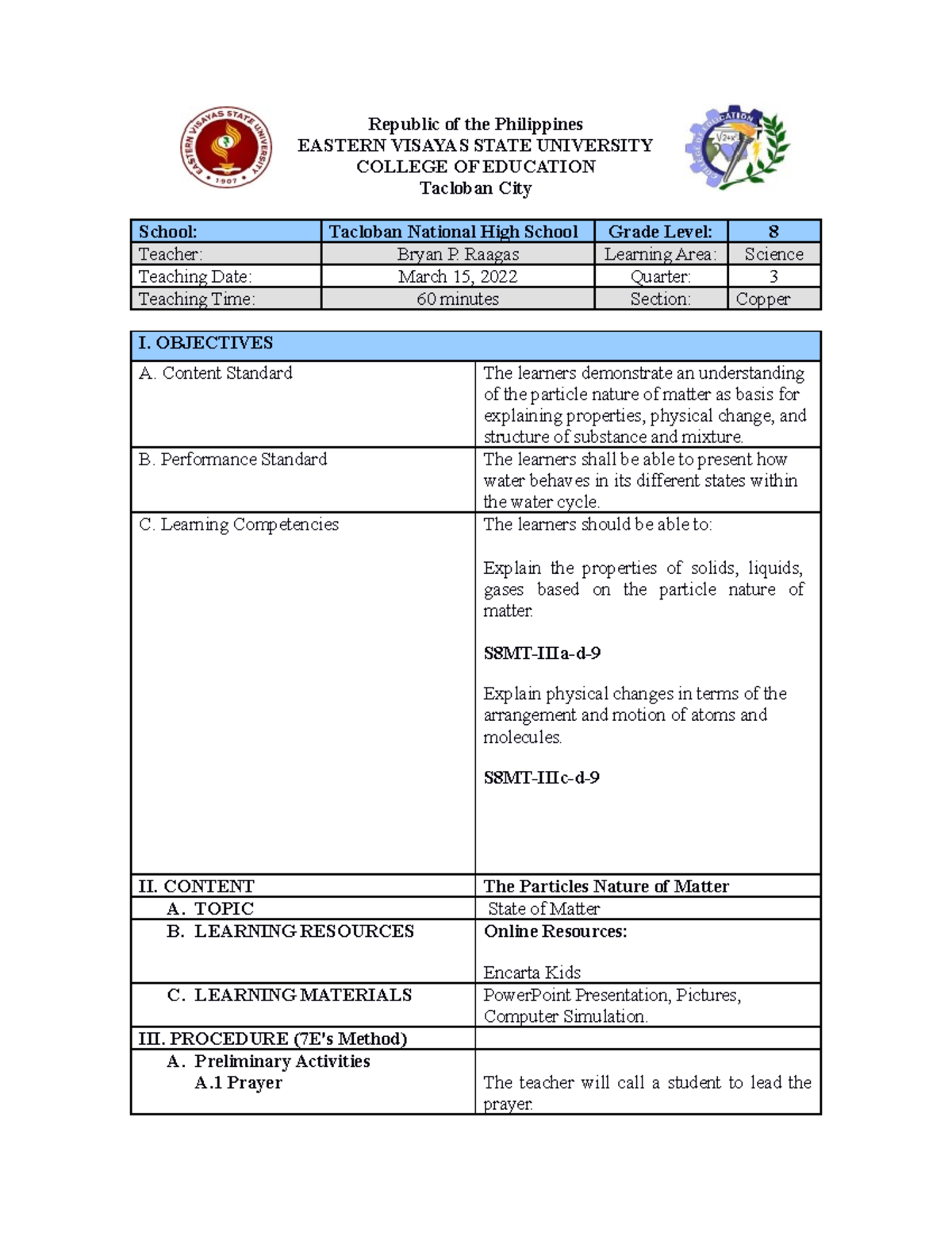 Lesson PLAN Raagas - Republic of the Philippines EASTERN VISAYAS STATE ...