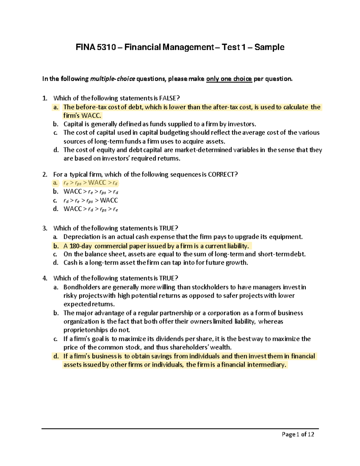 FINA 5310 Sample Test MT1 - a. The before-tax cost of debt, which is ...