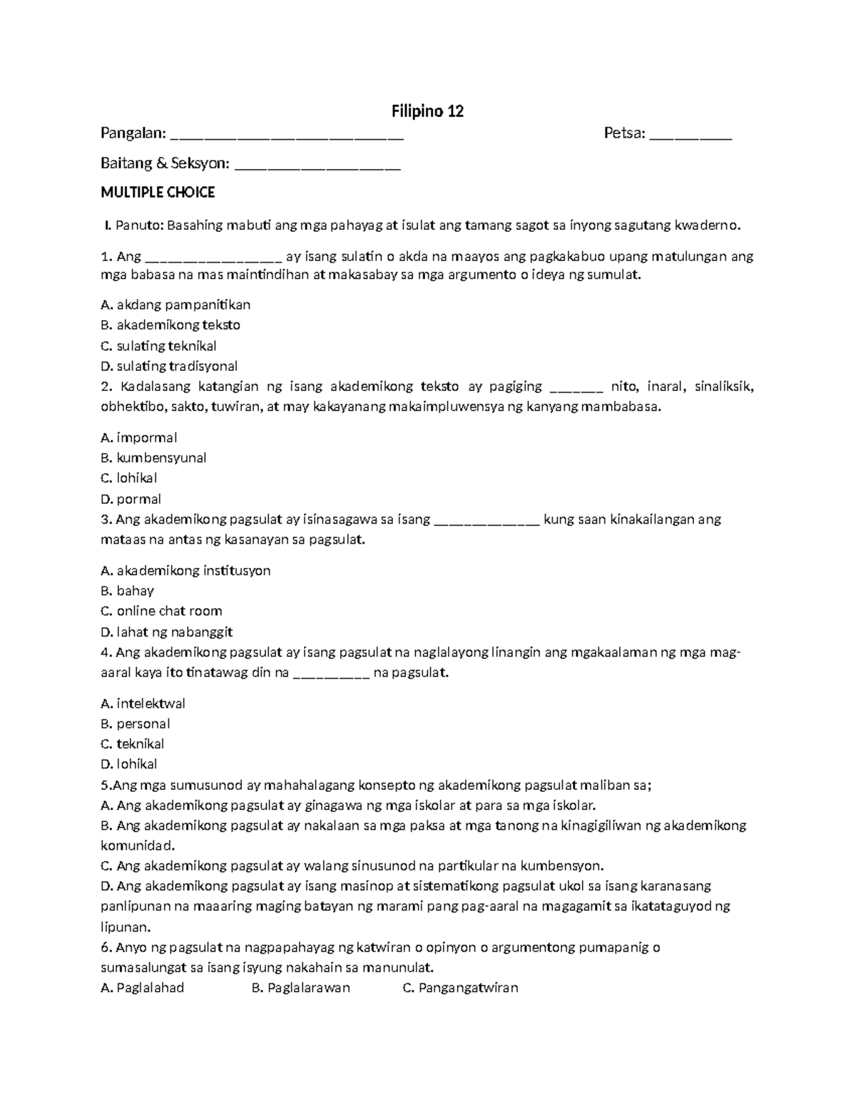 Long Test 1 - Filipino 12 Pangalan: ____________________________ Petsa ...