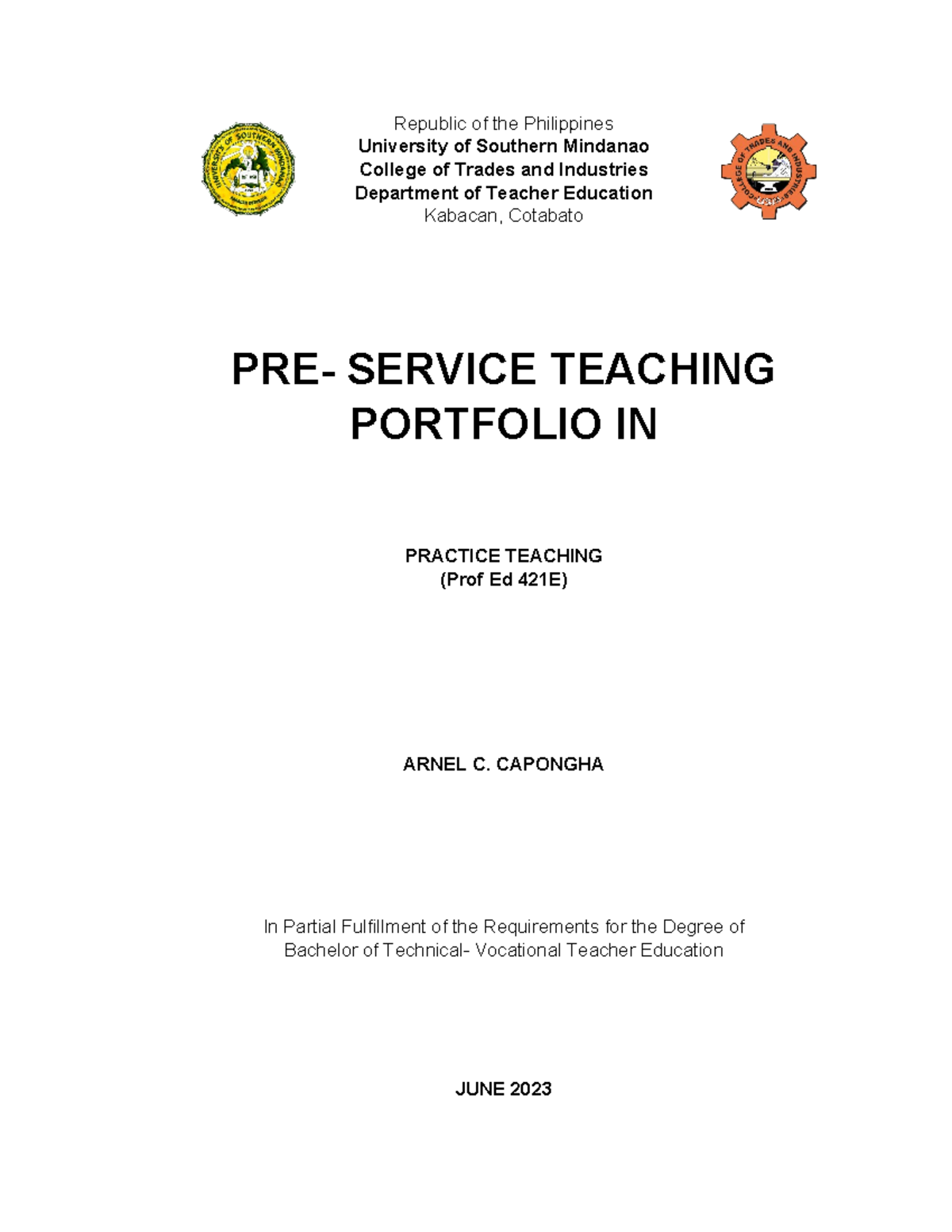 Intern- Portfolio- Format - Republic of the Philippines University of ...