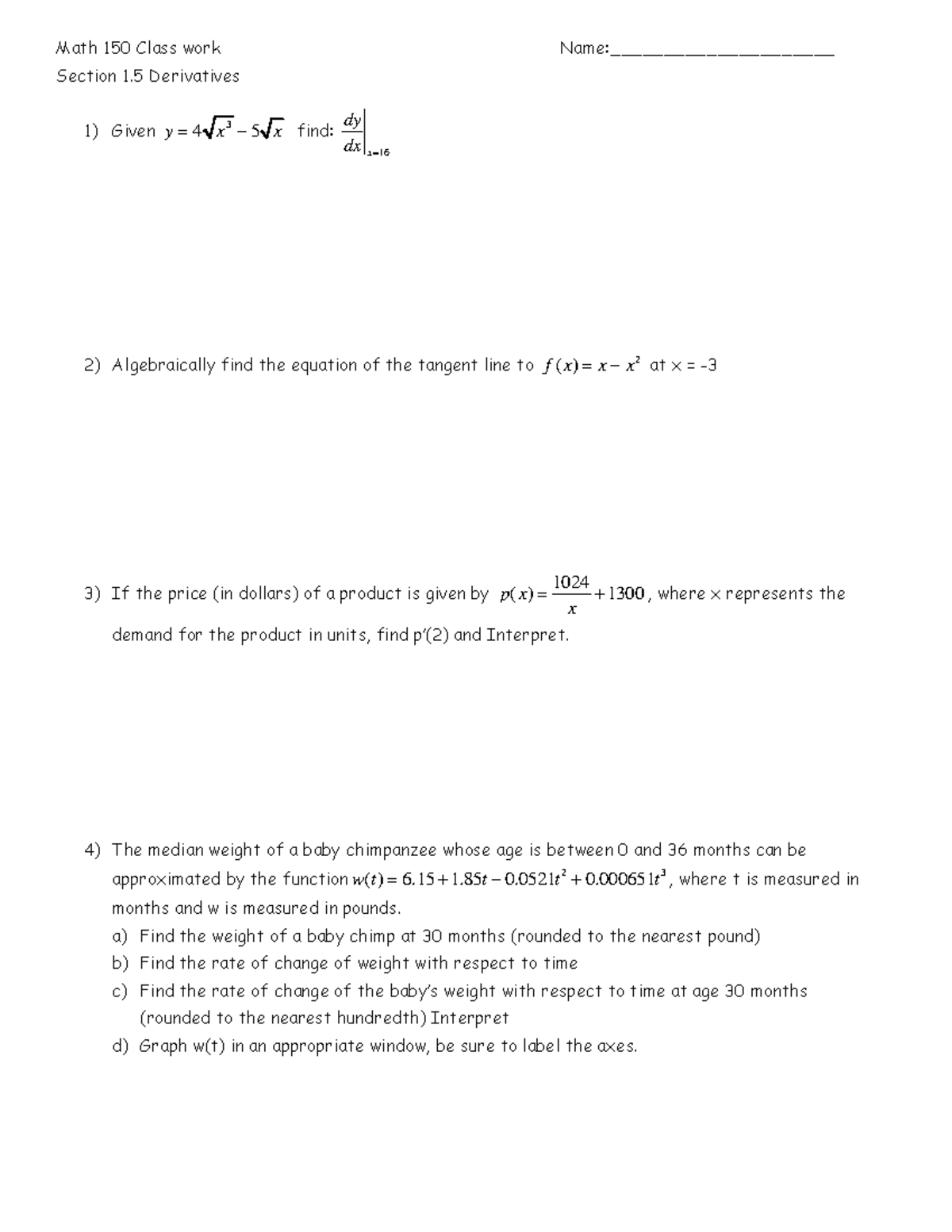 CWSection 1.5 math150 - Math 150 Class work Name ...
