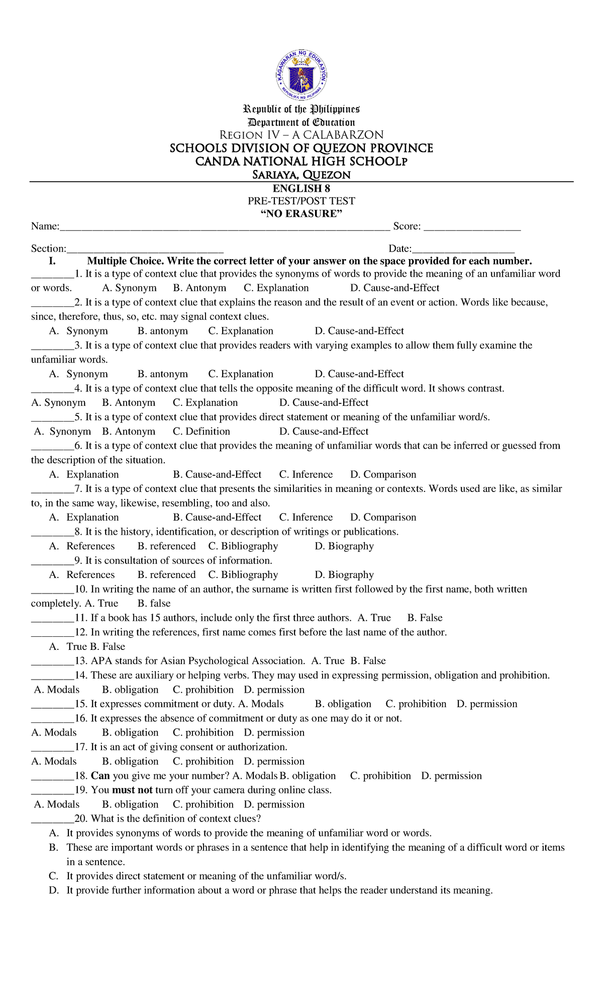 Pretest-Post Test G8 - sample pretest/post test - Republic of the ...