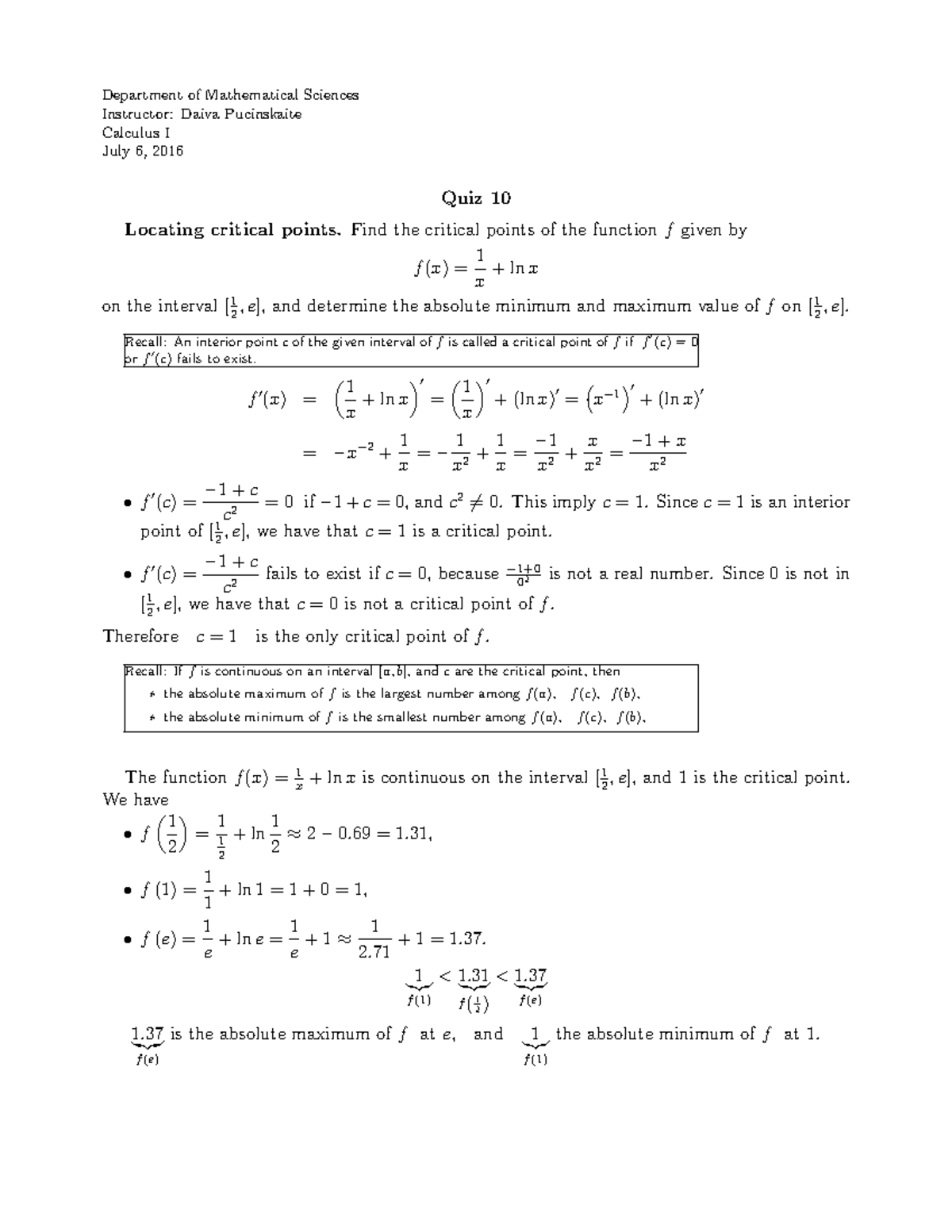 Solution Quiz 10 Calculus I Summer 2016 - Department of Mathematical ...