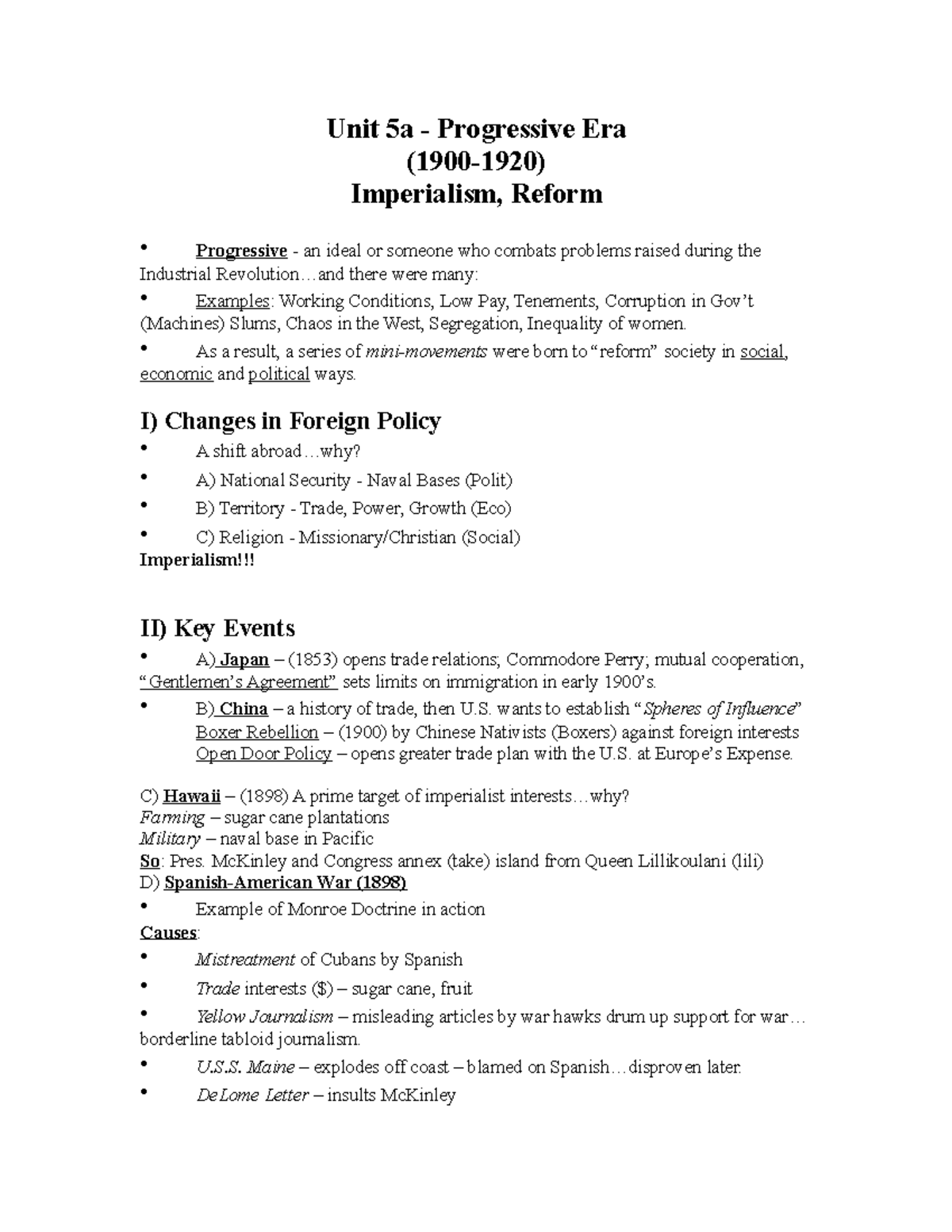 Typed Notes Unit 5a - Unit 5a - Progressive Era (1900-1920) Imperialism ...