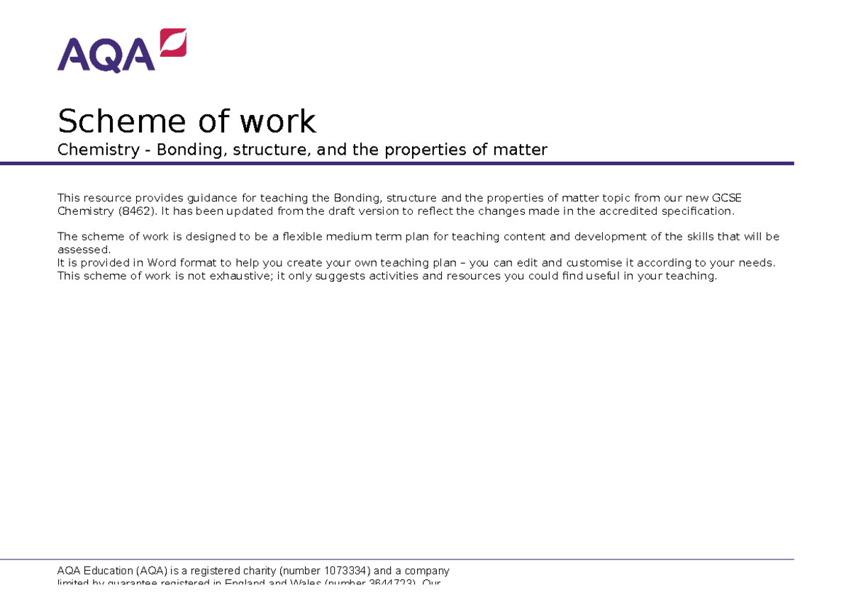 AQA-8462-SOW-BOND - chemistry - Scheme of work Chemistry - Bonding ...