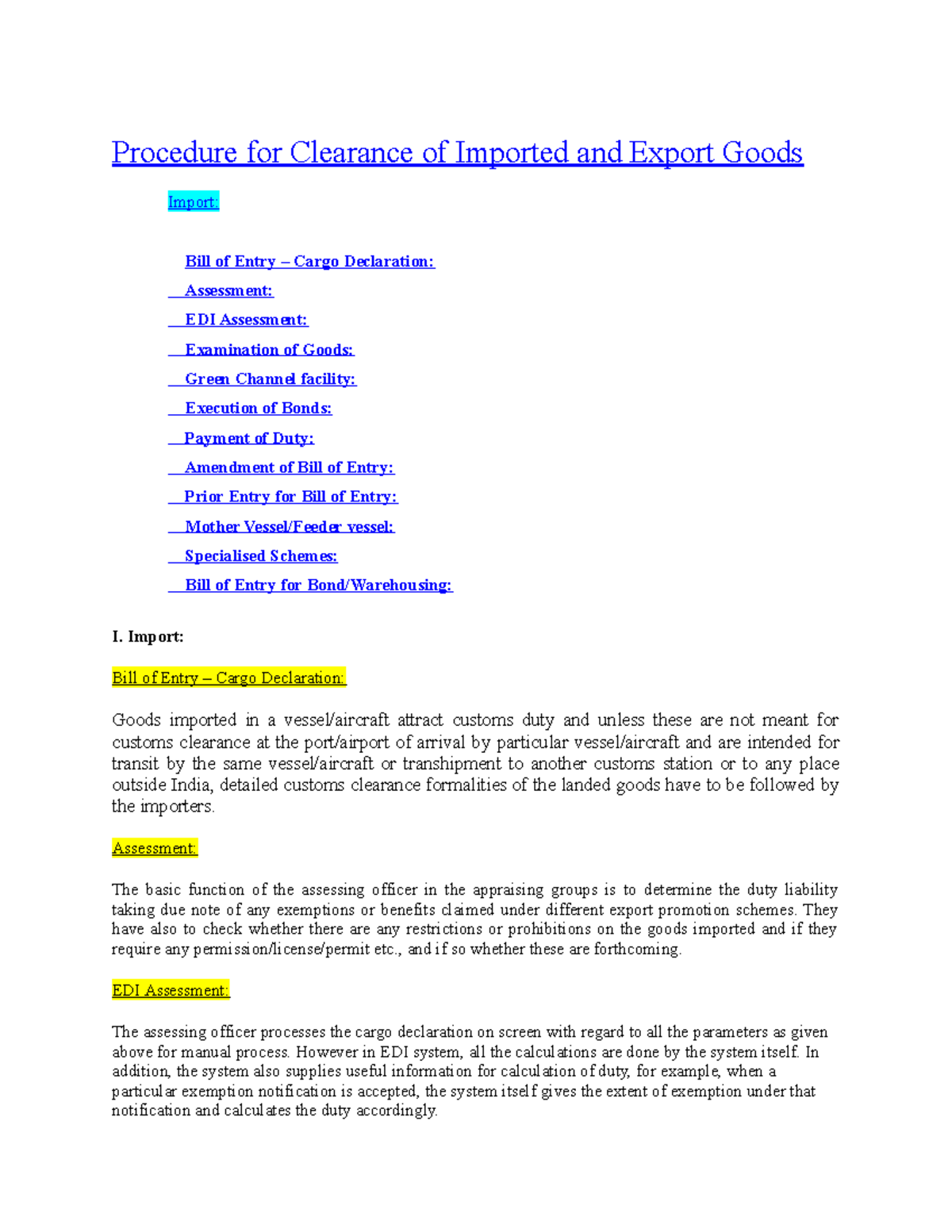 Procedure for Clearance of Imported and Export Goods - Procedure for Clearance of Imported and ...