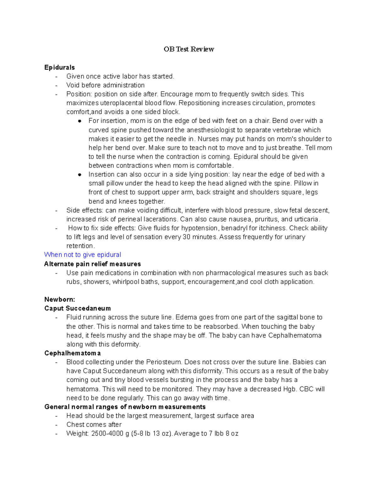Obstetrical Nursing Test 2 Accelerated (AO) - OB Test Review Epidurals ...