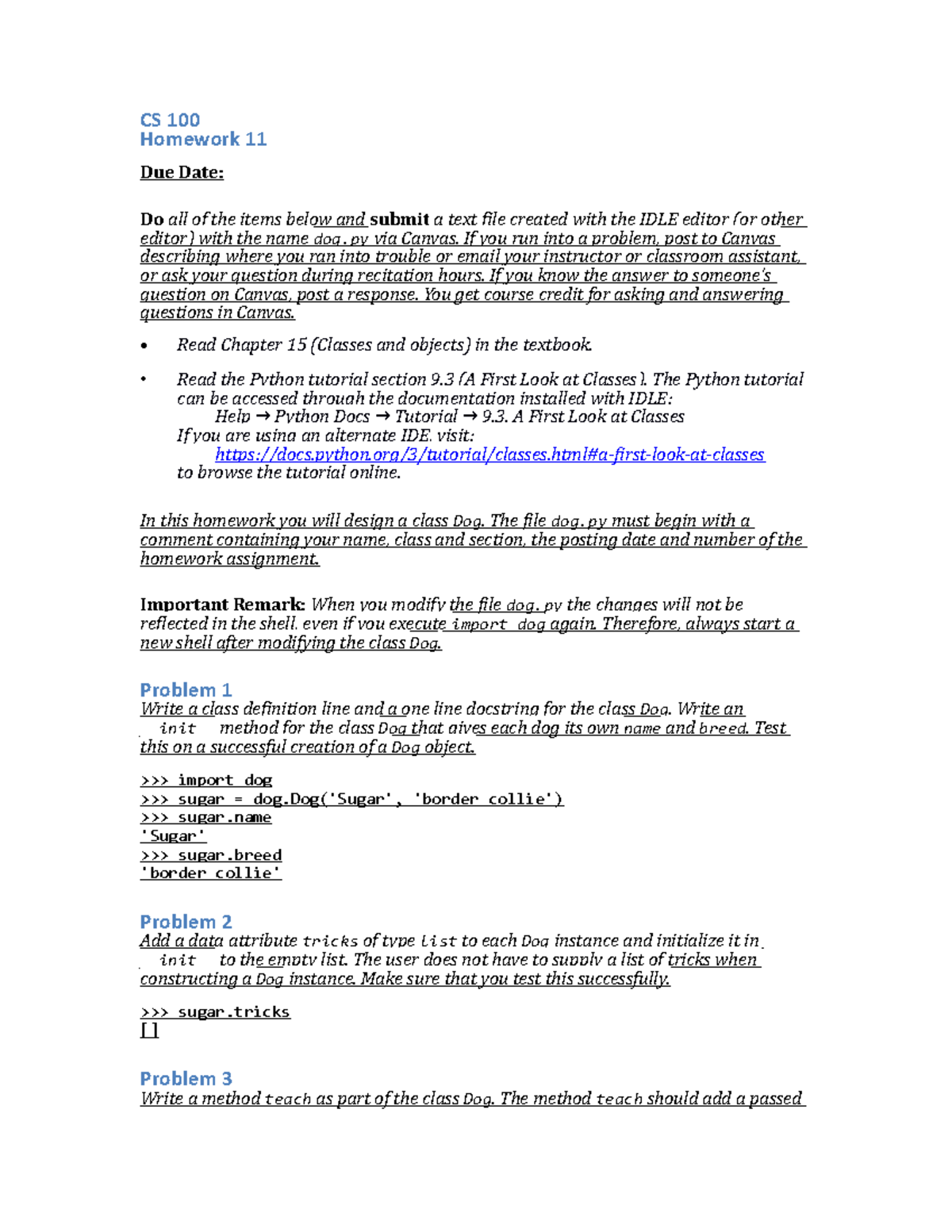 HW 11 Solution - User Defined Classes - CS 100 Homework 11 Due Date: Do ...