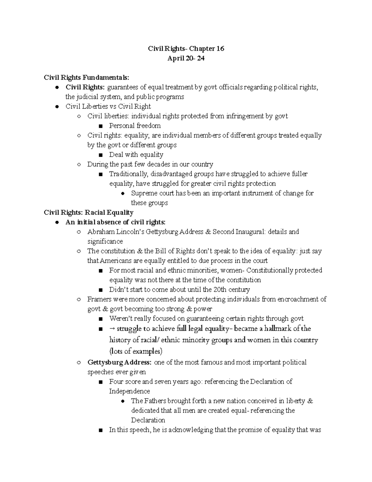 Civil rights lecture notes - Civil Rights- Chapter 16 April 20- 24 ...