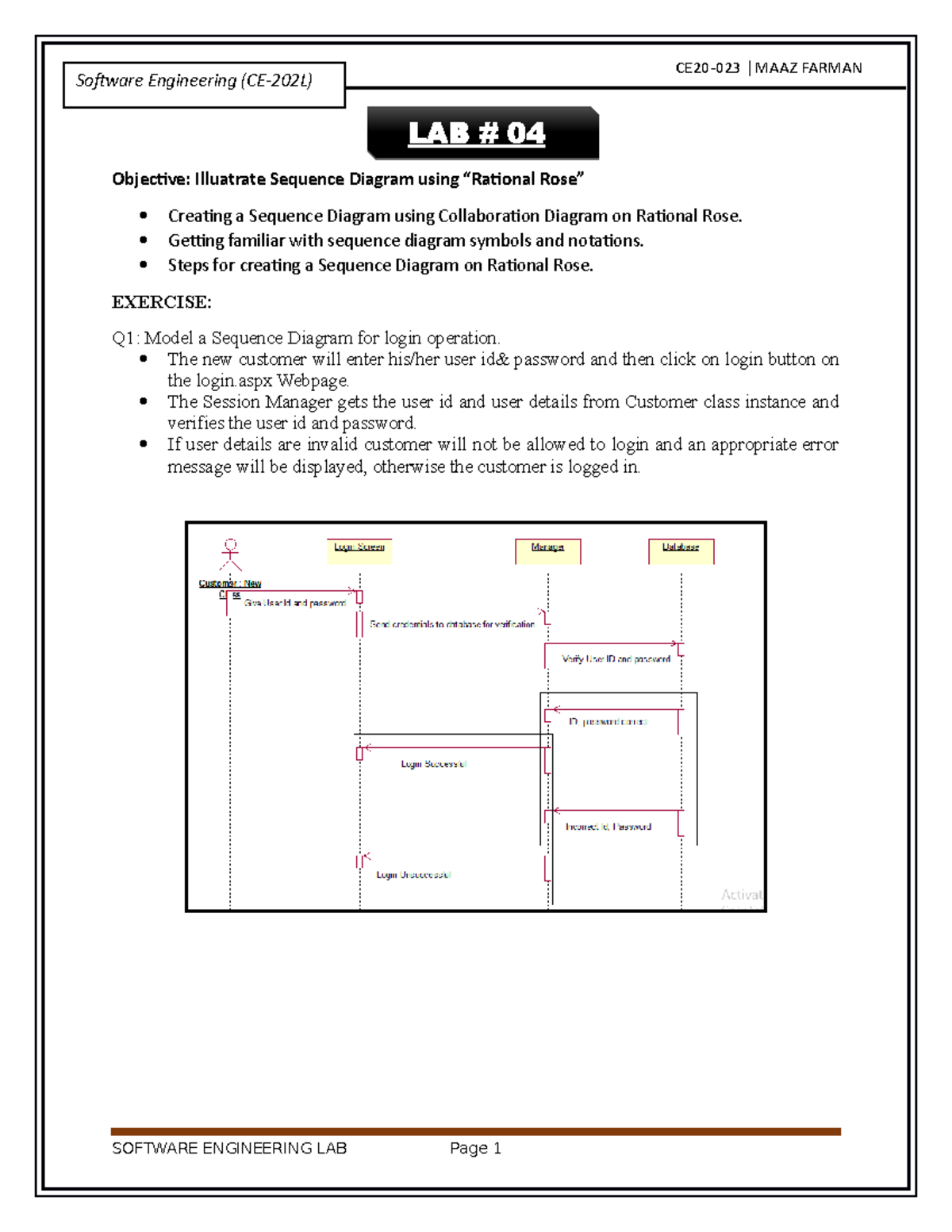 LAB 04 SOFT ENGG - Lab Work - LAB # 04 Objective: Illuatrate Sequence ...