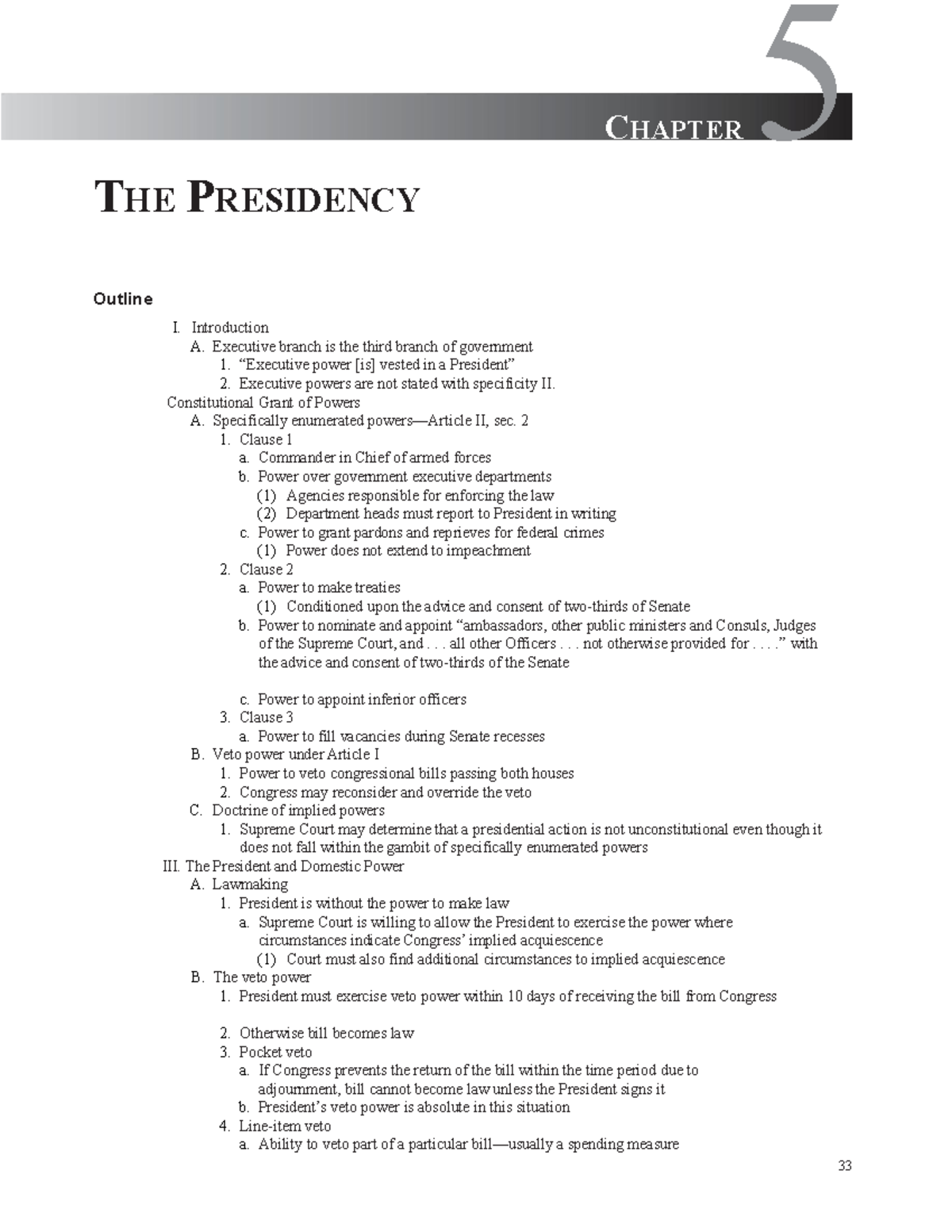 Ch05 The Presidency - Constitutional-Law - THE PRESIDENCY Outline I ...