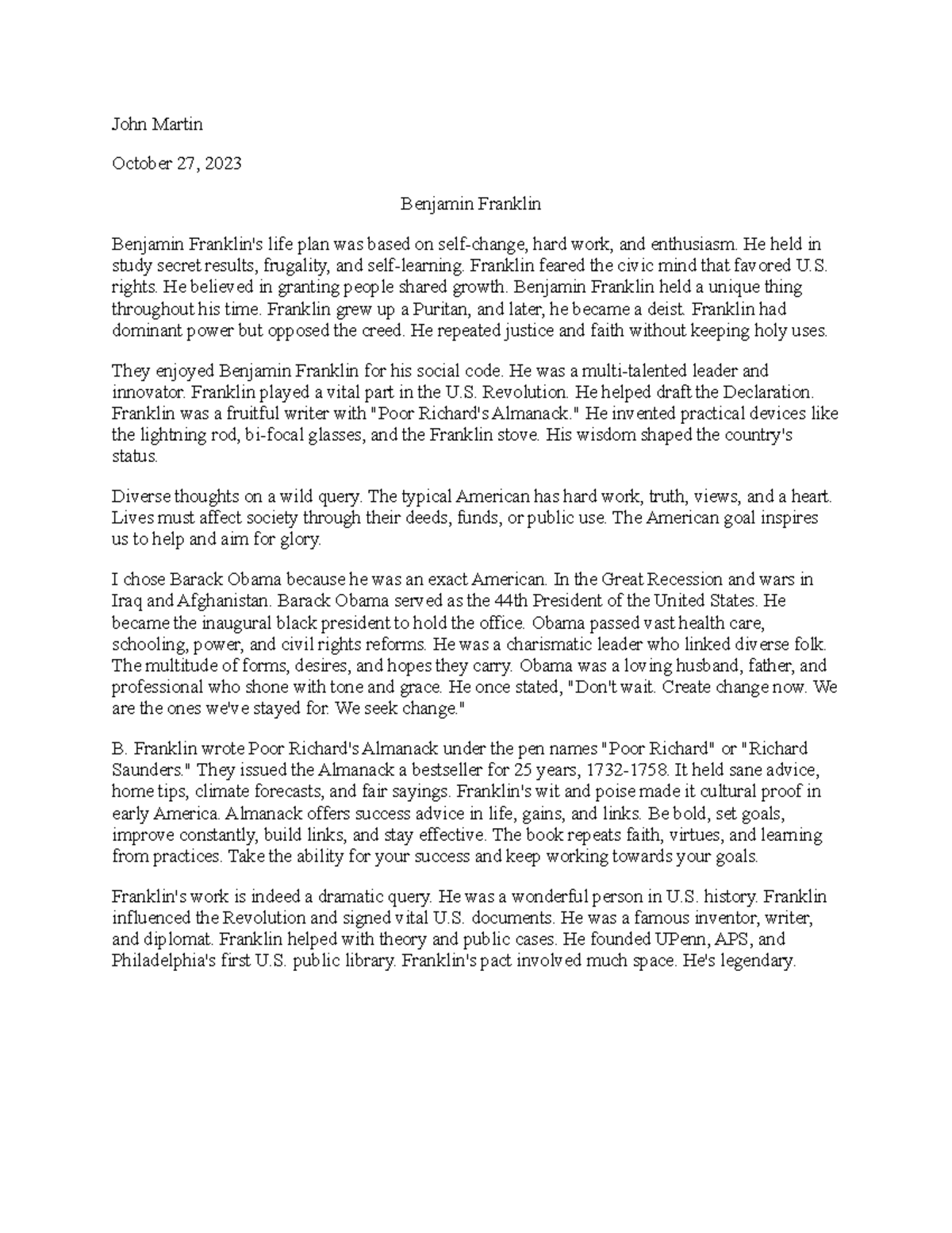 Benjamin Franklin - Special Assignment HIST 113 - John Martin October ...