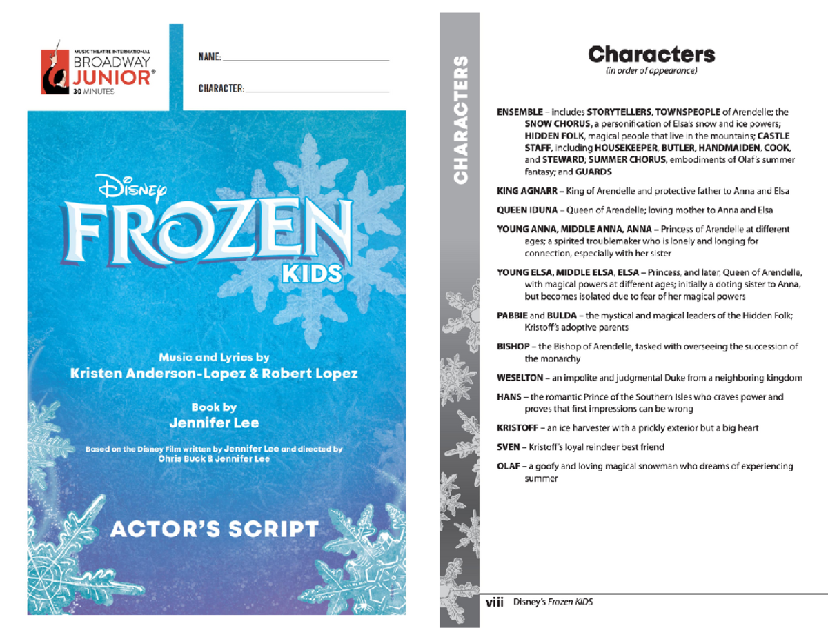 Frozen Kids - MUSIC THEATRE INTERNATIONAL NAME: Characters BROADWAY (in ...