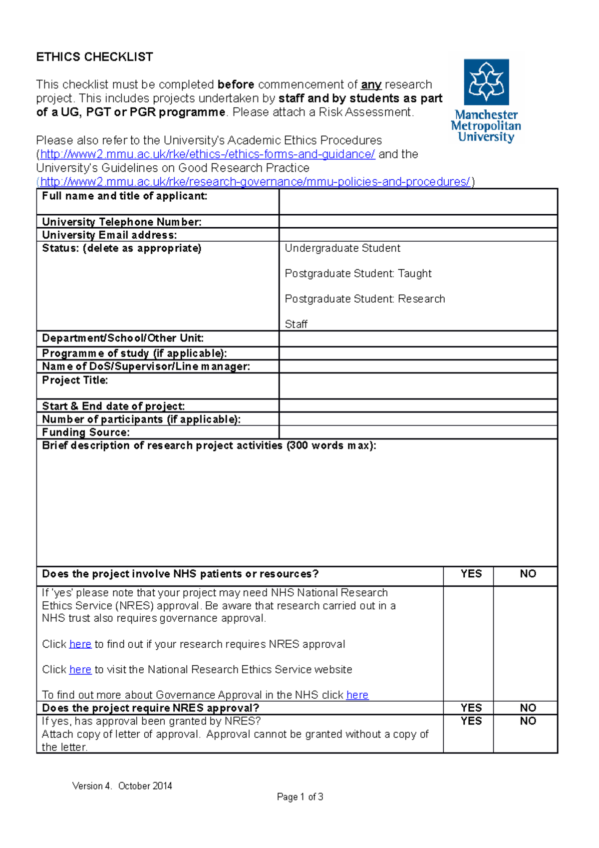 MMU Ethics Check List October 2014 - ETHICS CHECKLIST This checklist ...