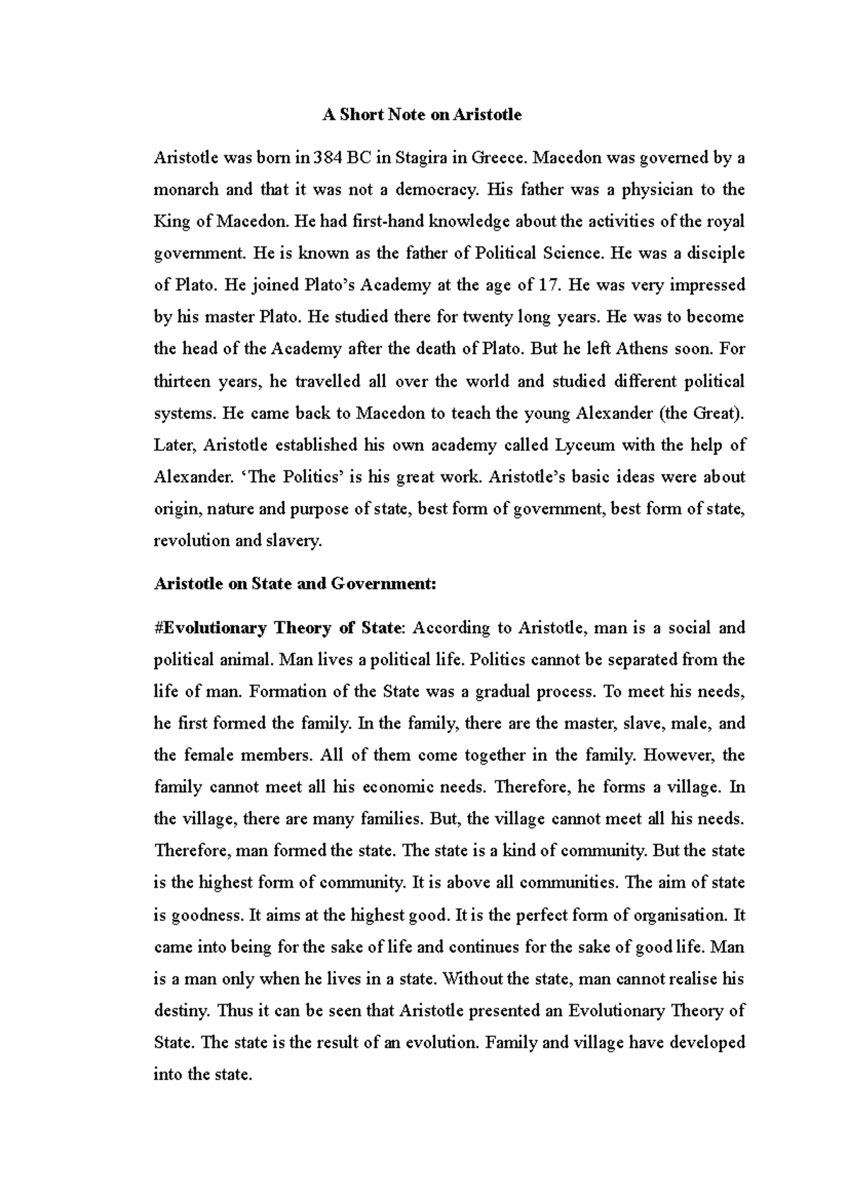 A Short Note On Aristotle A Short Note On Aristotle Aristotle Was