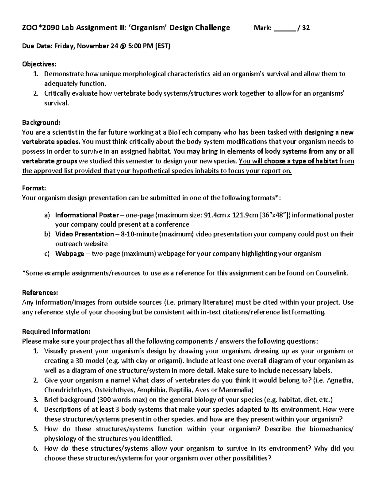 F23 Lab Assignment II - Instructions and Rubric - ZOO*2090 Lab Assignment II: ‘Organism’ Design ...