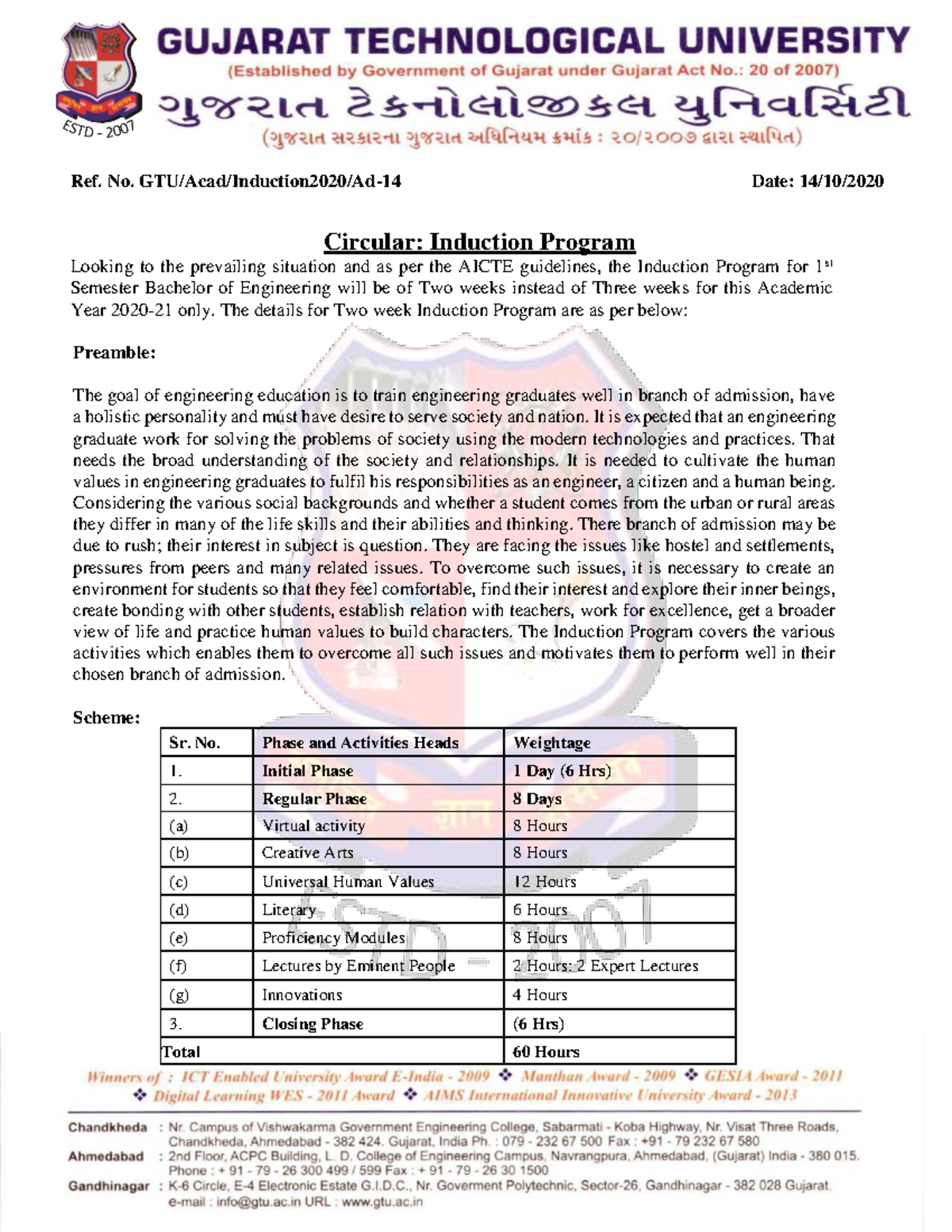 Guidelines Induction Program VGEC - Ref. No. GTU/Acad/Induction2020/Ad-14 Date: 14/10/ Circular ...