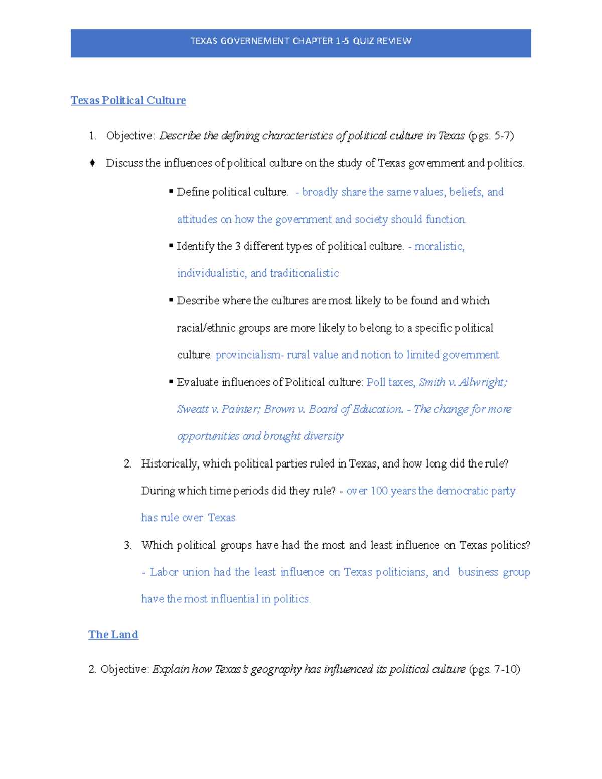 Texas Government Chapter 1-5 - Texas Political Culture Objective ...