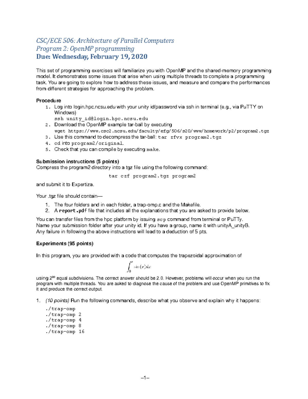 Program 2 - CSC/ECE 506: Architecture of Parallel Computers Program 2: OpenMP programming Due ...