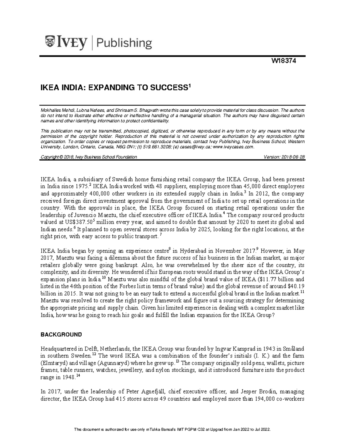 IKEA Case Study Doc - W IKEA INDIA: EXPANDING TO SUCCESS 1 Mokhalles Mehdi, Lubna Nafees, and ...