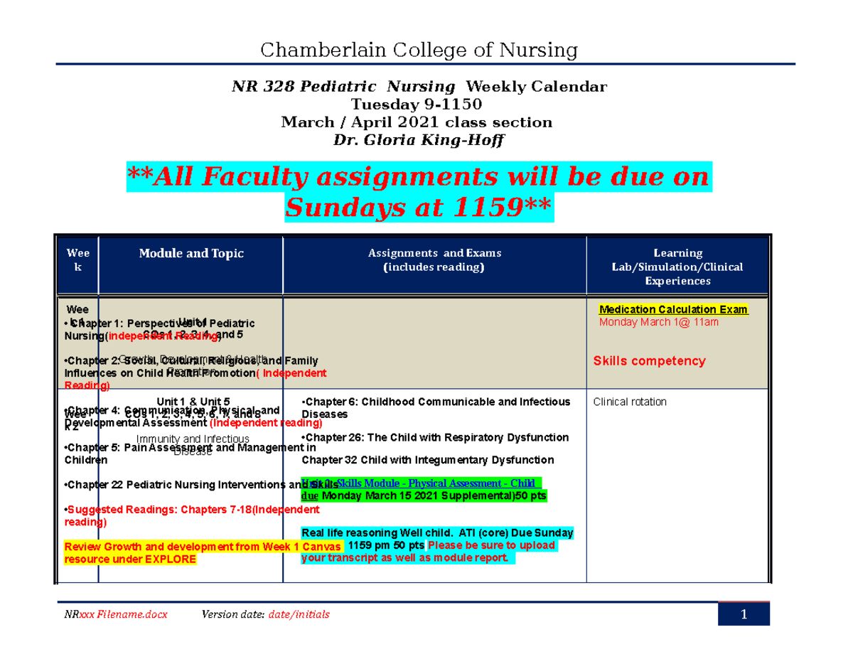 Pediatrics NR 328 Weekly Calendar March 2021 revised - NR 328 Pediatric ...