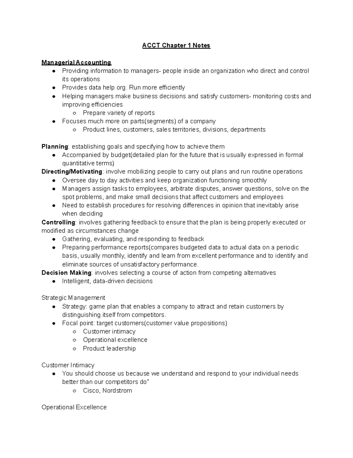 ACCT Chapter 1 Chapter 2 Notes - ACCT Chapter 1 Notes Managerial ...