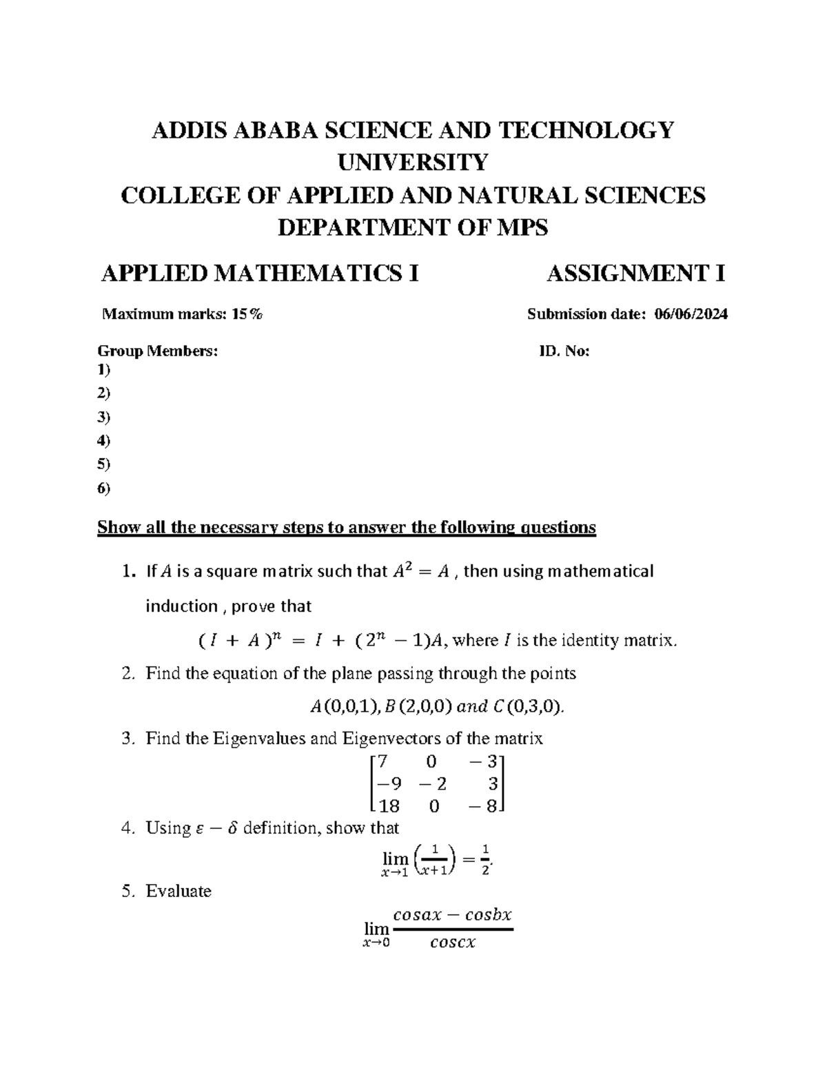 Assignment 1 App I - study - ADDIS ABABA SCIENCE AND TECHNOLOGY ...