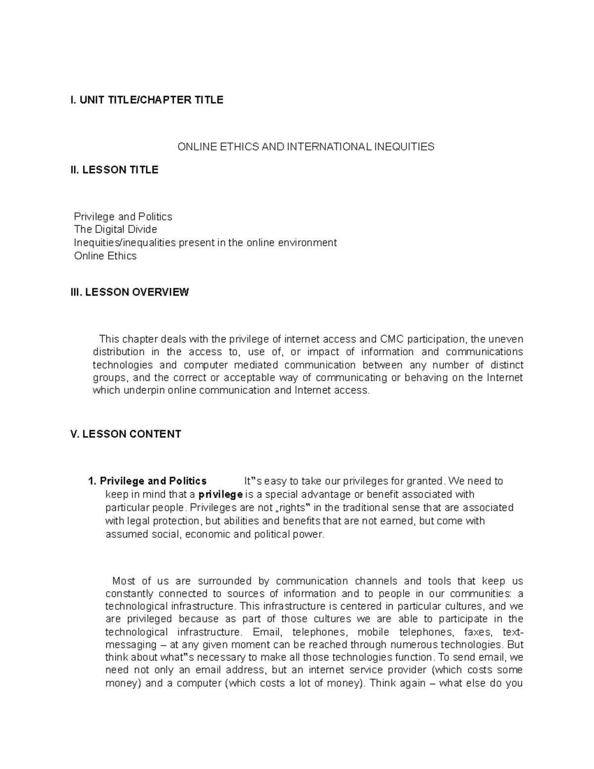 Computer Mediated Communication 7 - I. UNIT TITLE/CHAPTER TITLE ONLINE ...