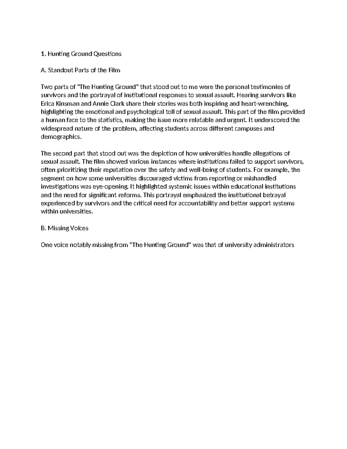 1-Talks about Philosphy - Hunting Ground Questions A. Standout Parts of ...