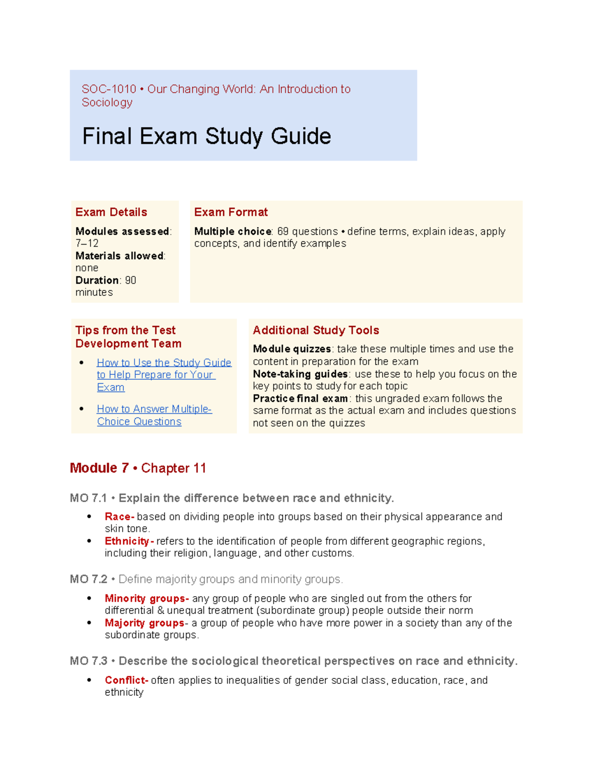 SOC Final Study sheets - SOC-1010 • Our Changing World: An Introduction ...