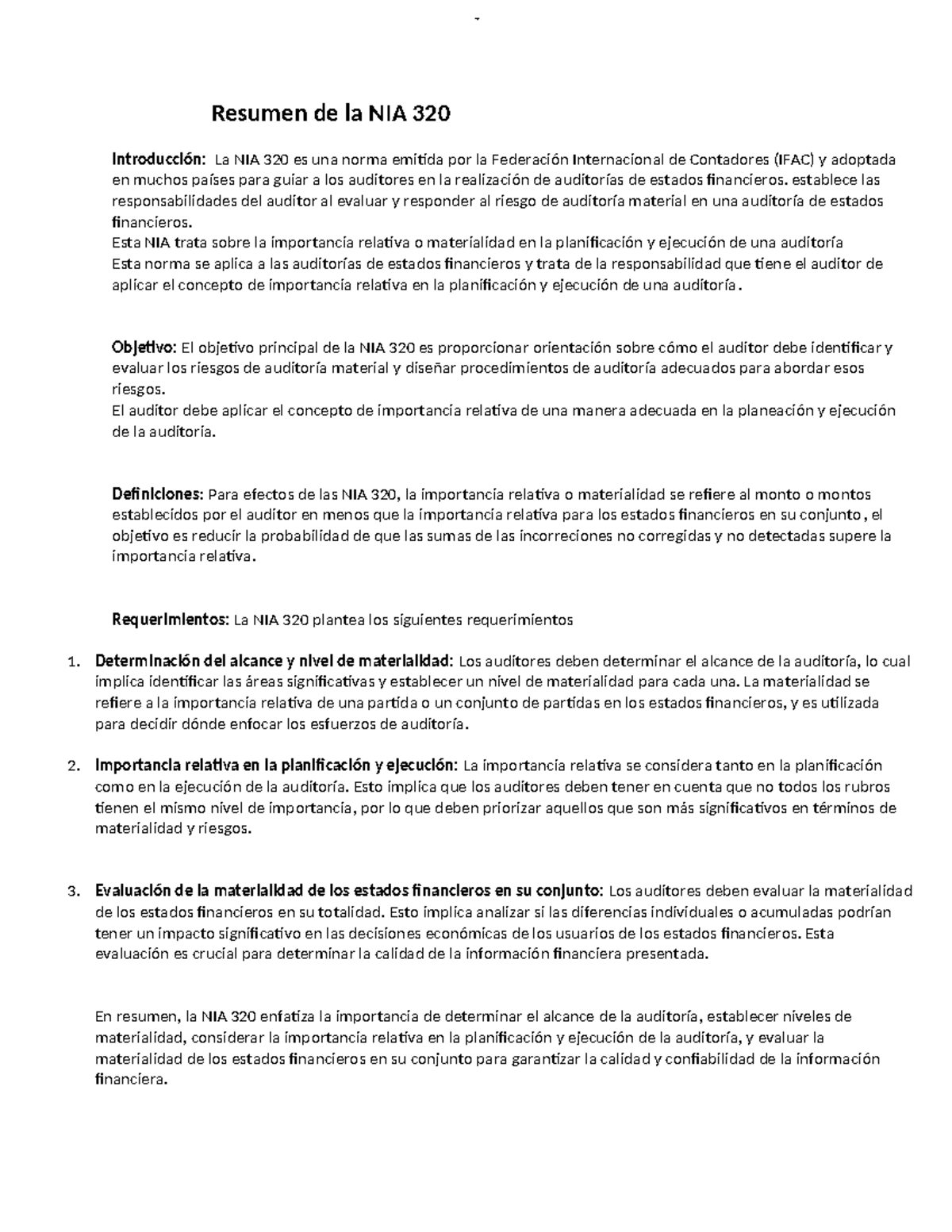 Auditoria NIA320 - NIA 320 introducción, objetivos, etc - lOMoA Resumen ...