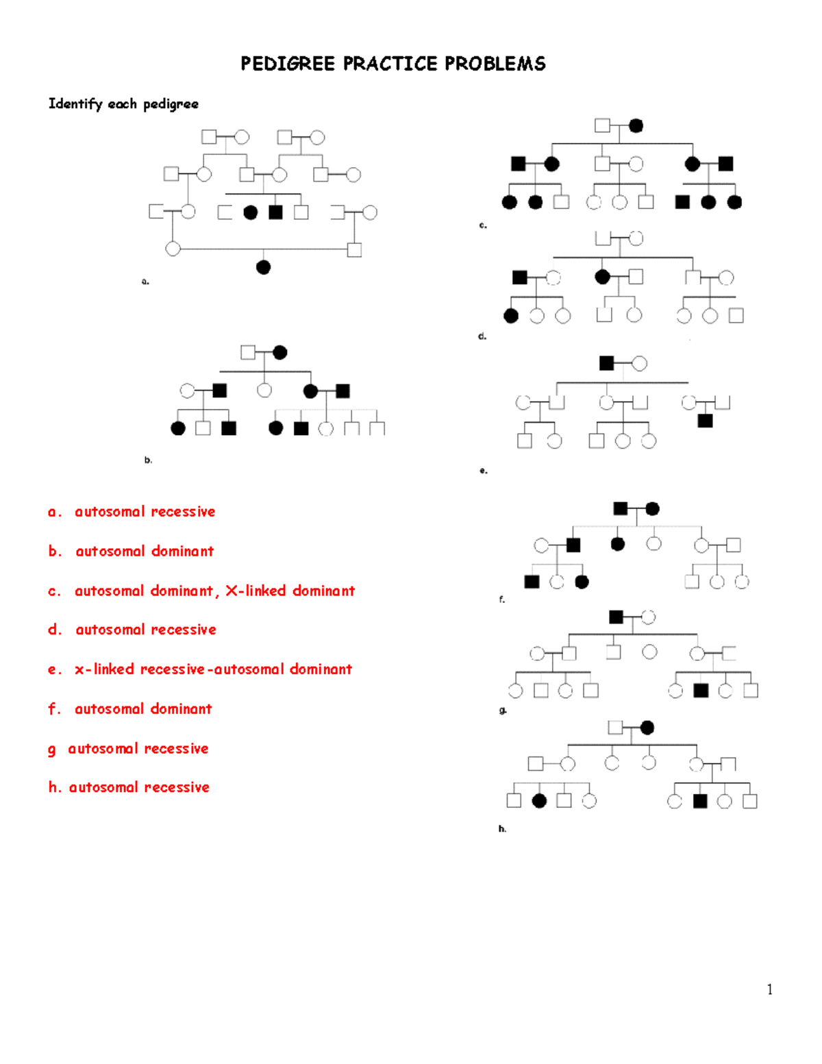 Pedigree problems key - PEDIGREE PRACTICE PROBLEMS Identify each ...