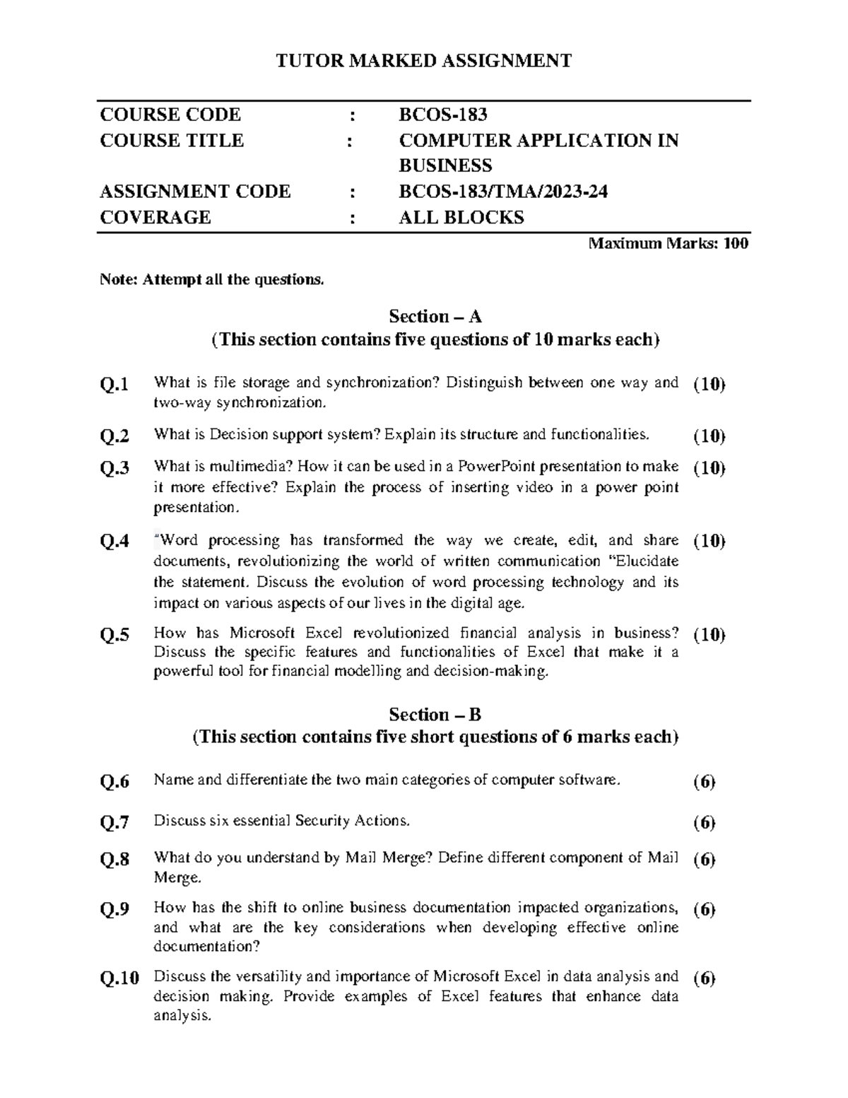 BCOS 183 Solved Assignments BY AW Informer removed - TUTOR MARKED ASSIGNMENT COURSE CODE : BCOS ...