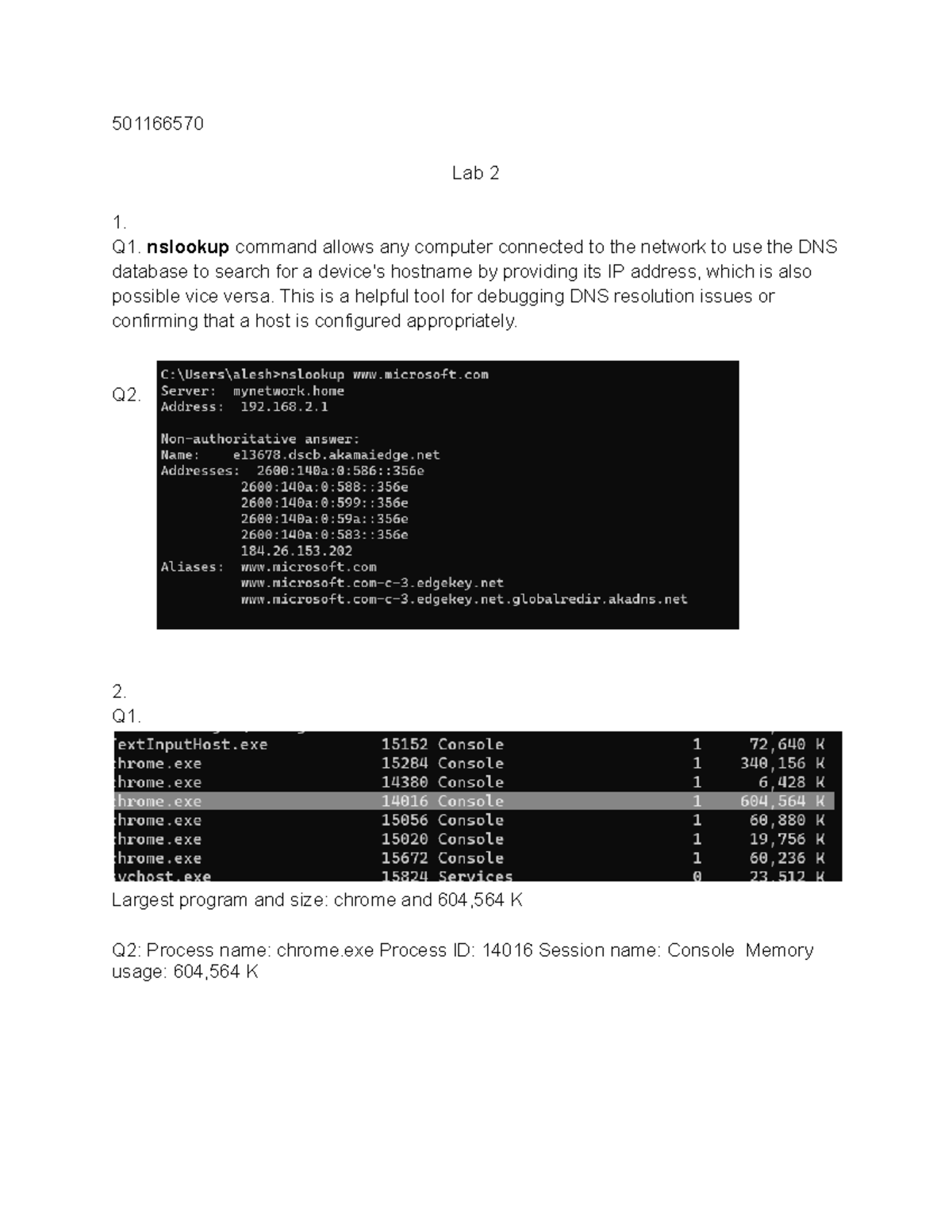 IT Infrastructure Lab 2 - 501166570 Lab 2 1. Q1. nslookup command allows any computer connected ...
