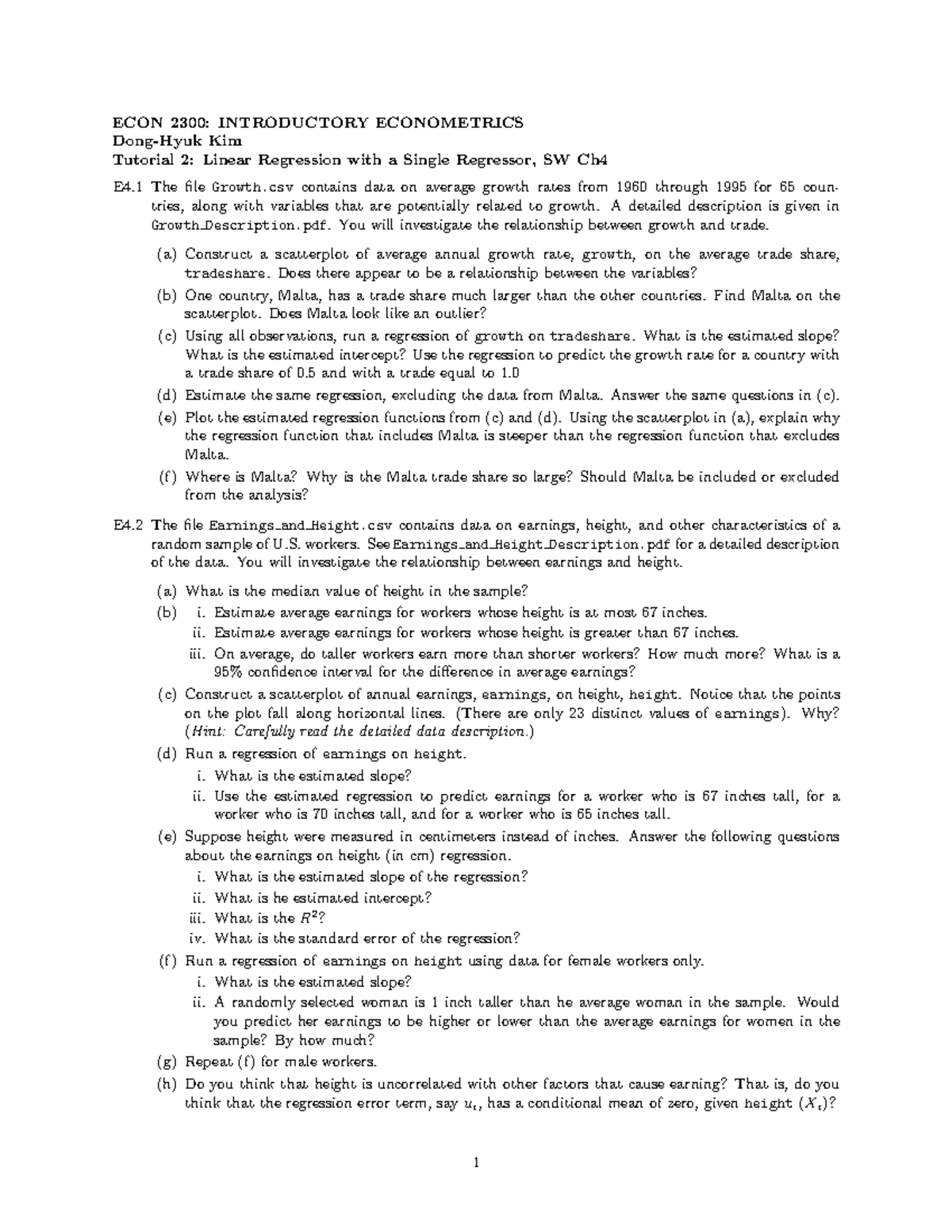 Tutorial 2 - note - ECON 2300: INTRODUCTORY ECONOMETRICS Dong-Hyuk Kim Tutorial 2: Linear ...