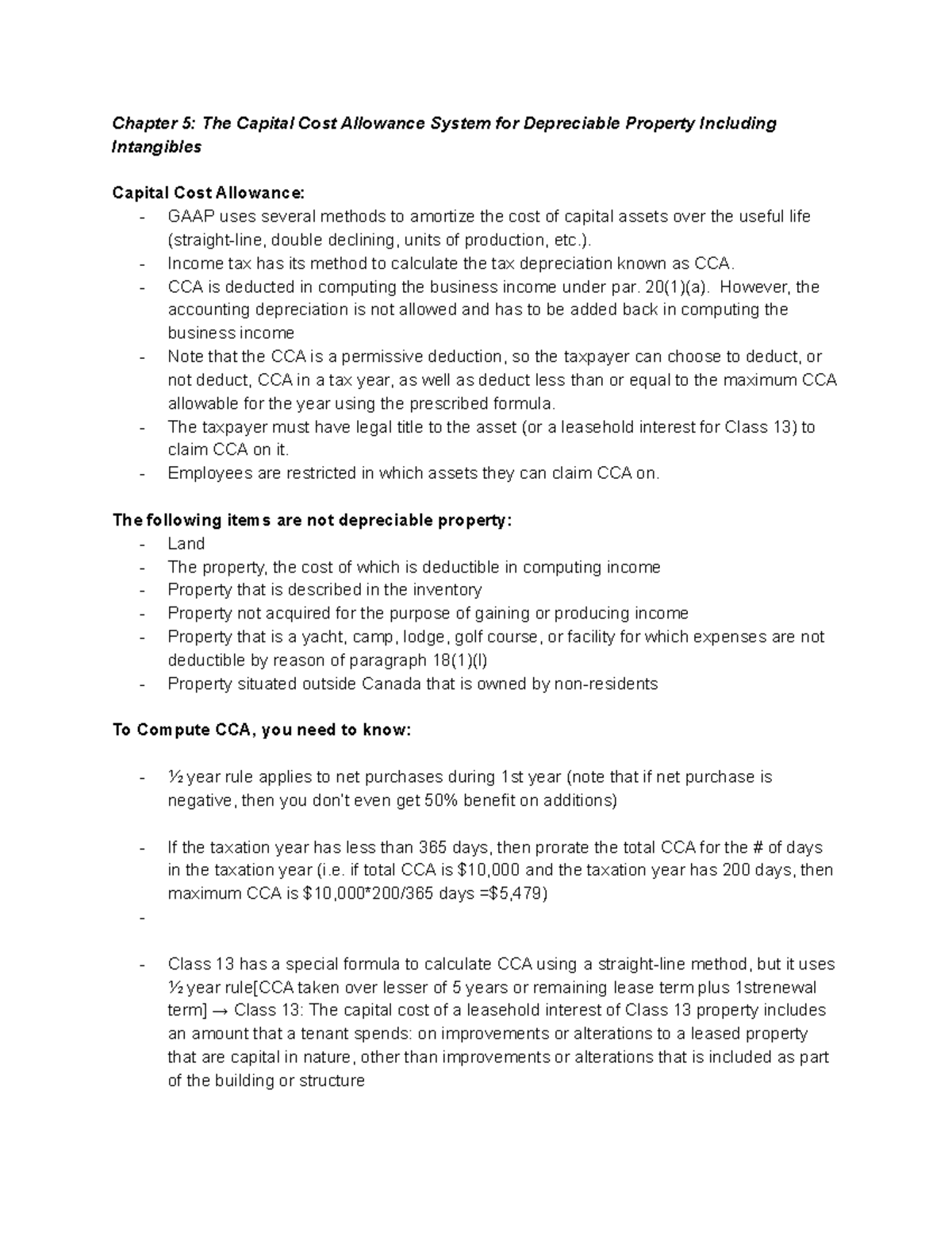 Chapter 5 - Lecture notes - Chapter 5: The Capital Cost Allowance ...