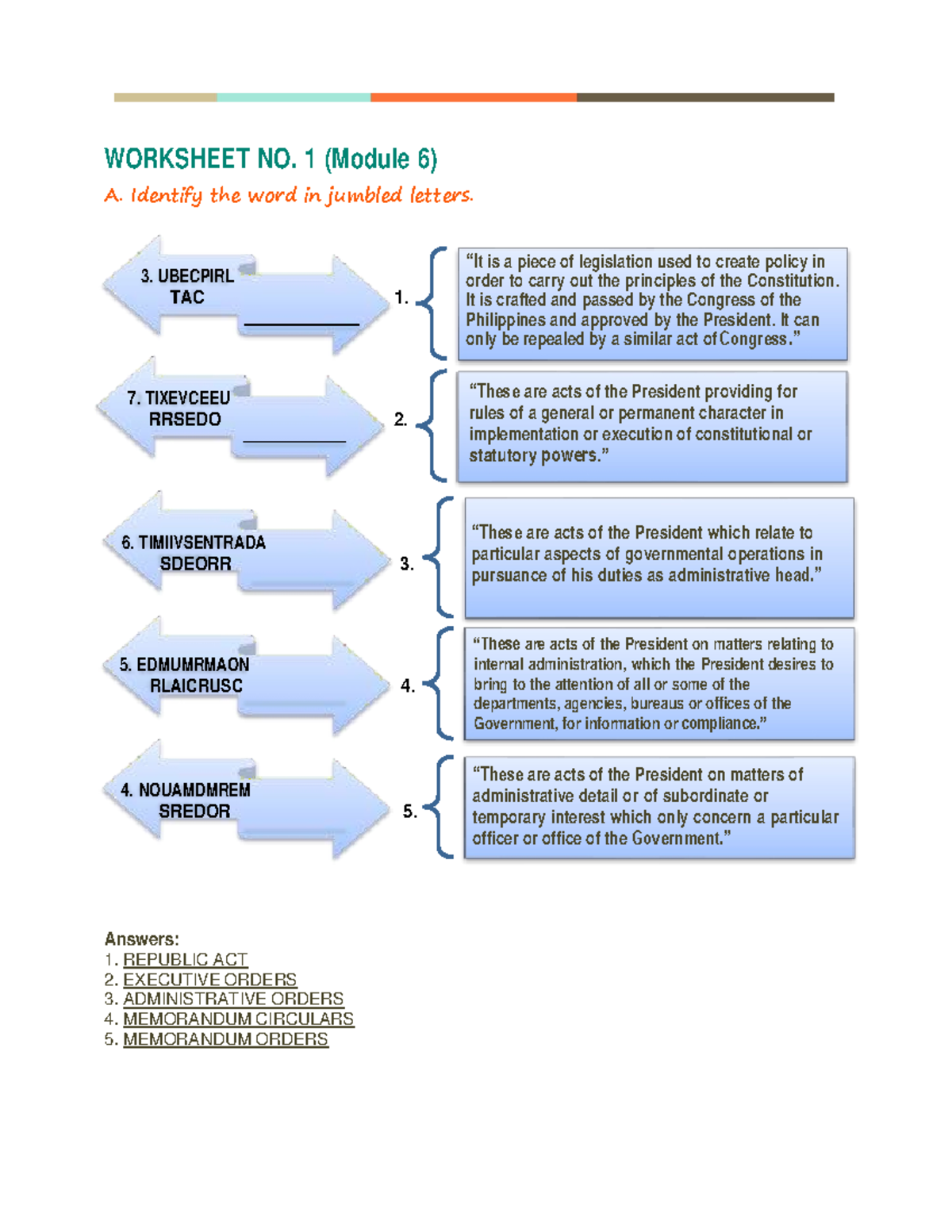Worksheet 1 (Module 6) - WORKSHEET NO. 1 (Module 6) A. Identify the ...