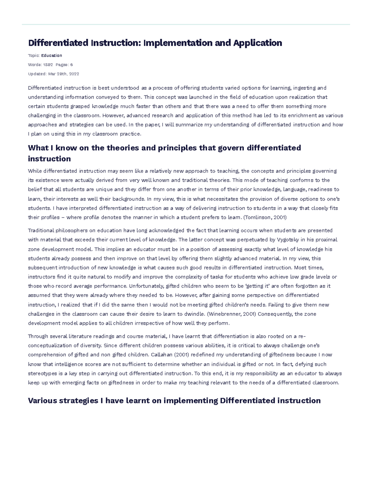 Differentiated Instruction- Implementation and Application Free Essay ...