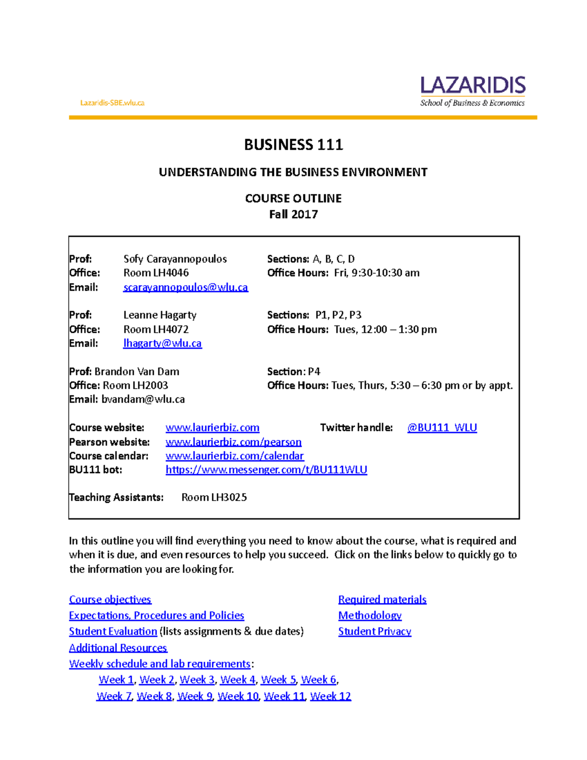 Course Outline BU111 - Syllabus - BUSINESS 111 UNDERSTANDING THE ...