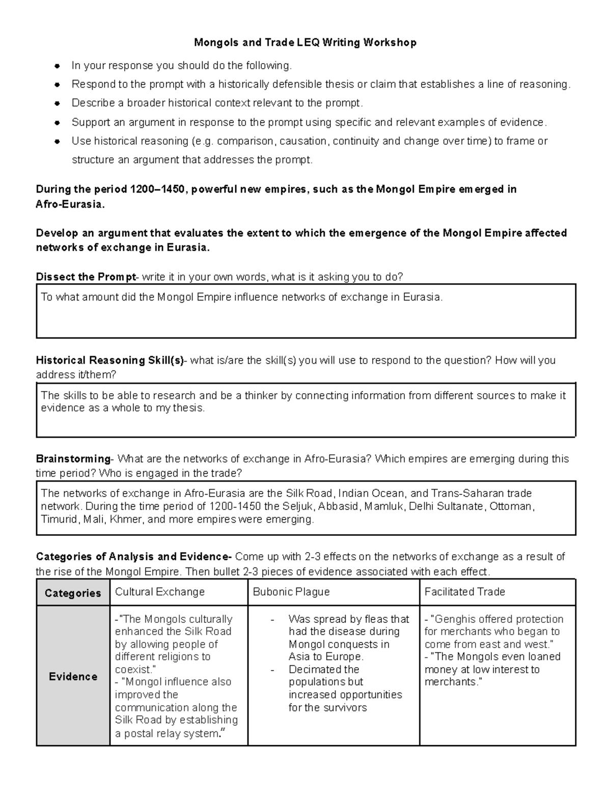 Marvin Ampofo - Mongols and Trade LEQ Writing Workshop - Mongols and ...