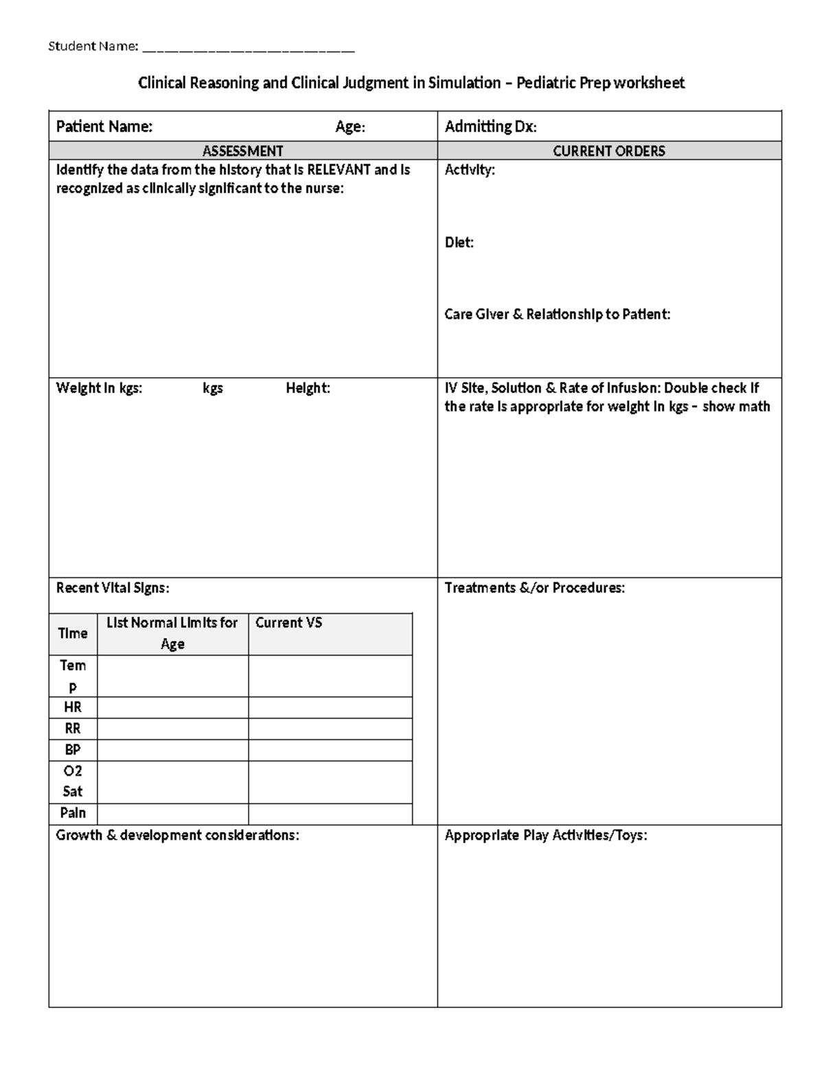 Pediatric Prep Worksheet - Student Name ...