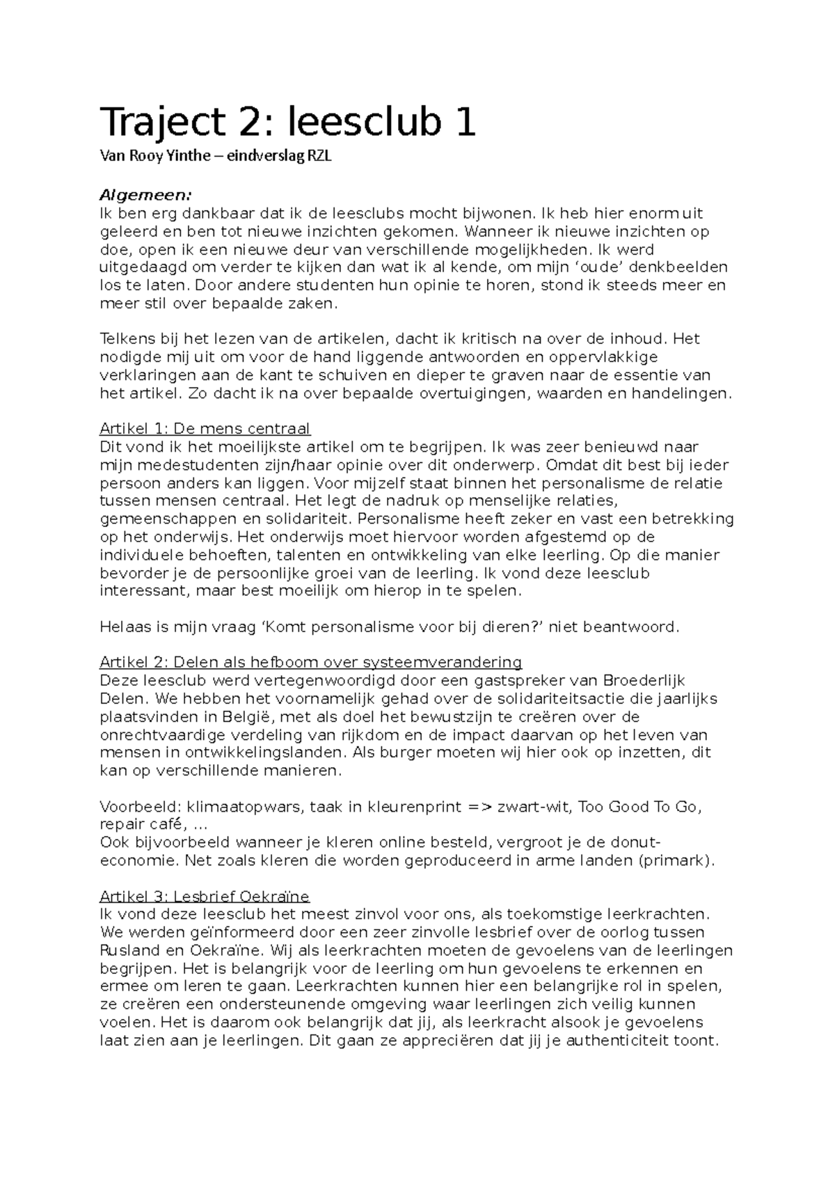 Traject 2- leesclub Yinthe Van Rooy - Traject 2: leesclub 1 Van Rooy Yinthe – eindverslag RZL ...