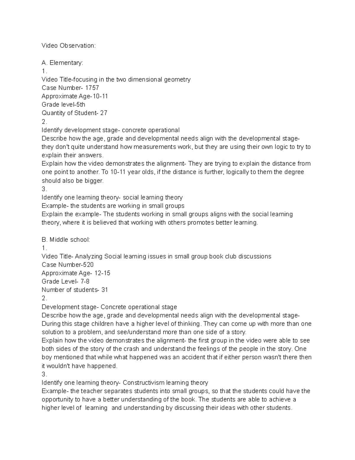 D 094 task 1 Video Observation - Video Observation: A. Elementary: 1 ...