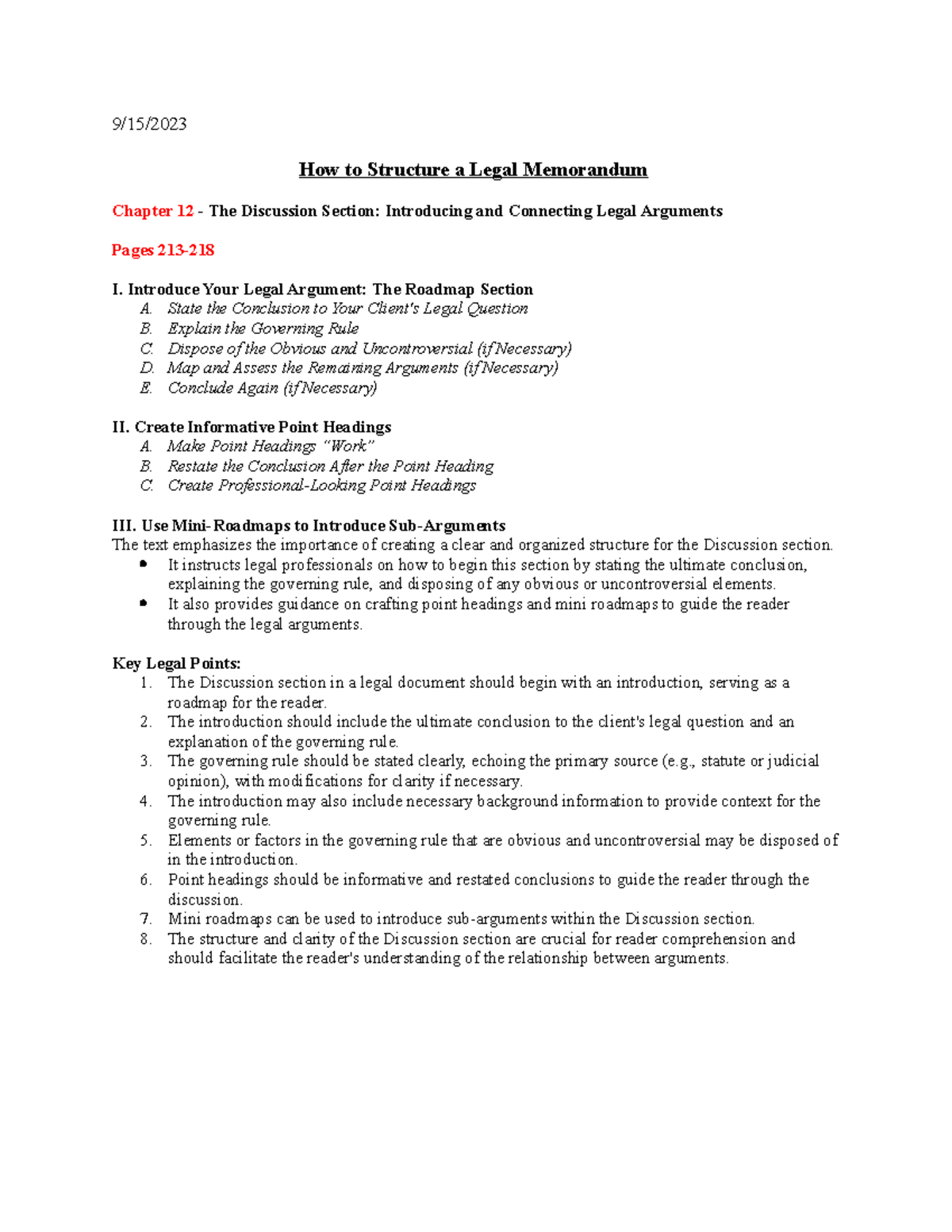 Legal Writing 91523 - Notes from Textbook - 9/15/ How to Structure a ...