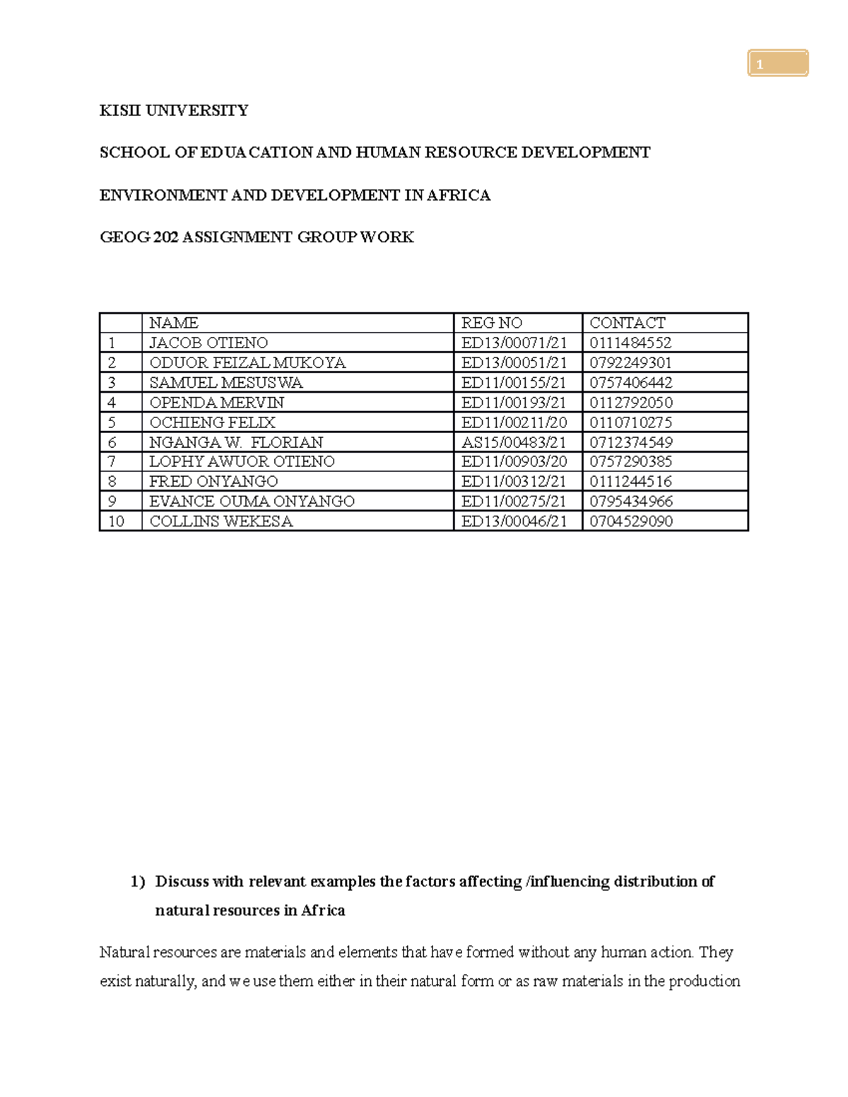 GEOG 202 Group WORK - teaching approach - KISII UNIVERSITY SCHOOL OF ...