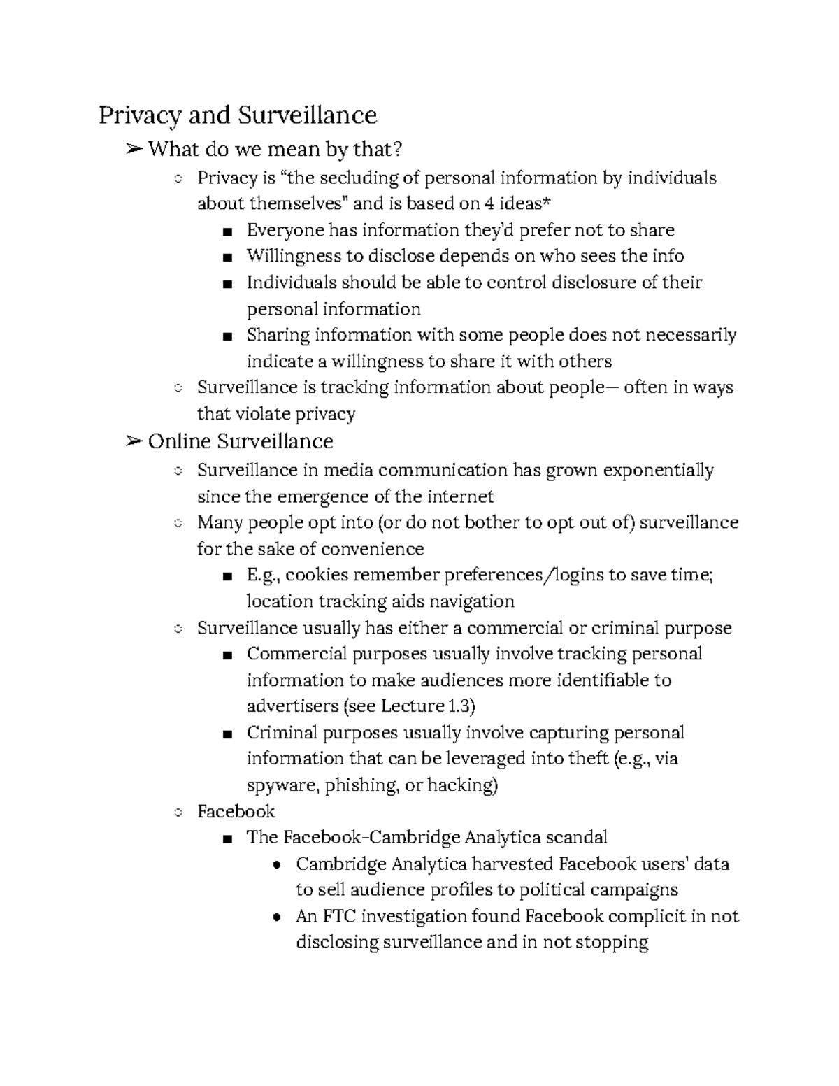 COMM 1500 Notes Lecture 1 - Privacy and Surveillance What do we mean by ...