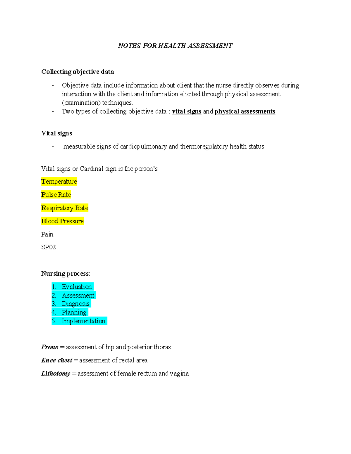 Notes FOR Health Assessment 1 - NOTES FOR HEALTH ASSESSMENT Collecting ...