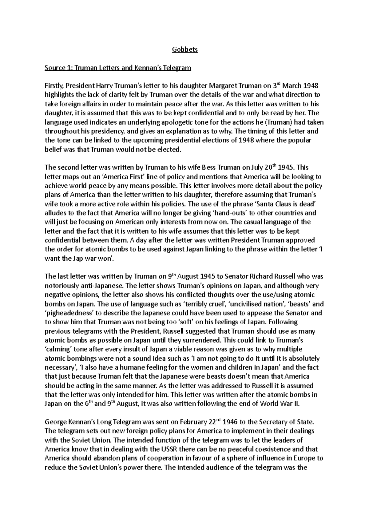 Final Gobbets - Grade: A - Gobbets Source 1: Truman Letters and ...